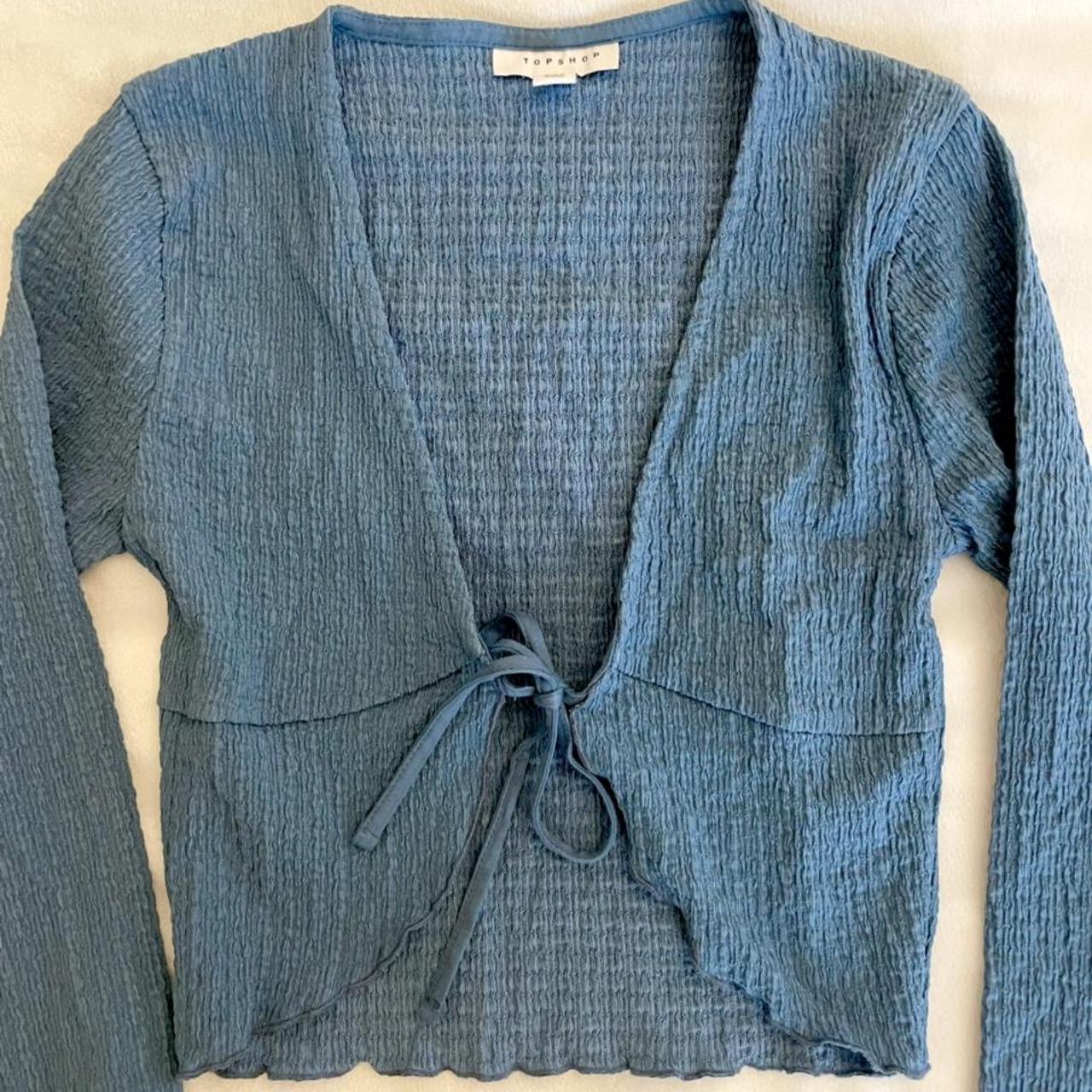 blue textured cropped tie up cardigan super flattering - Depop