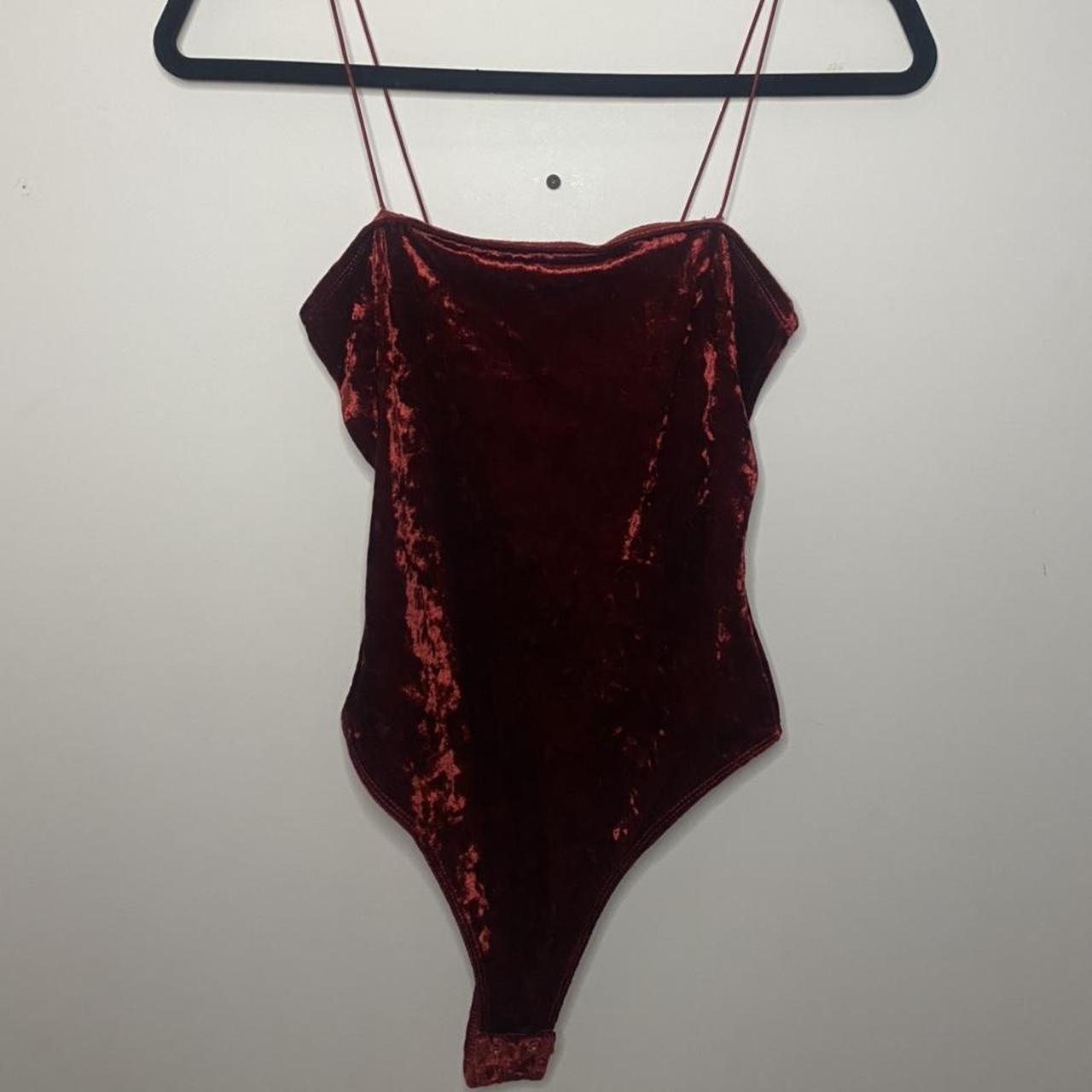 GARAGE Red velvety material bodysuit with spaghetti... - Depop