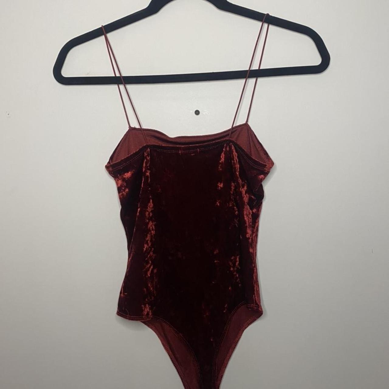 GARAGE Red velvety material bodysuit with spaghetti... - Depop