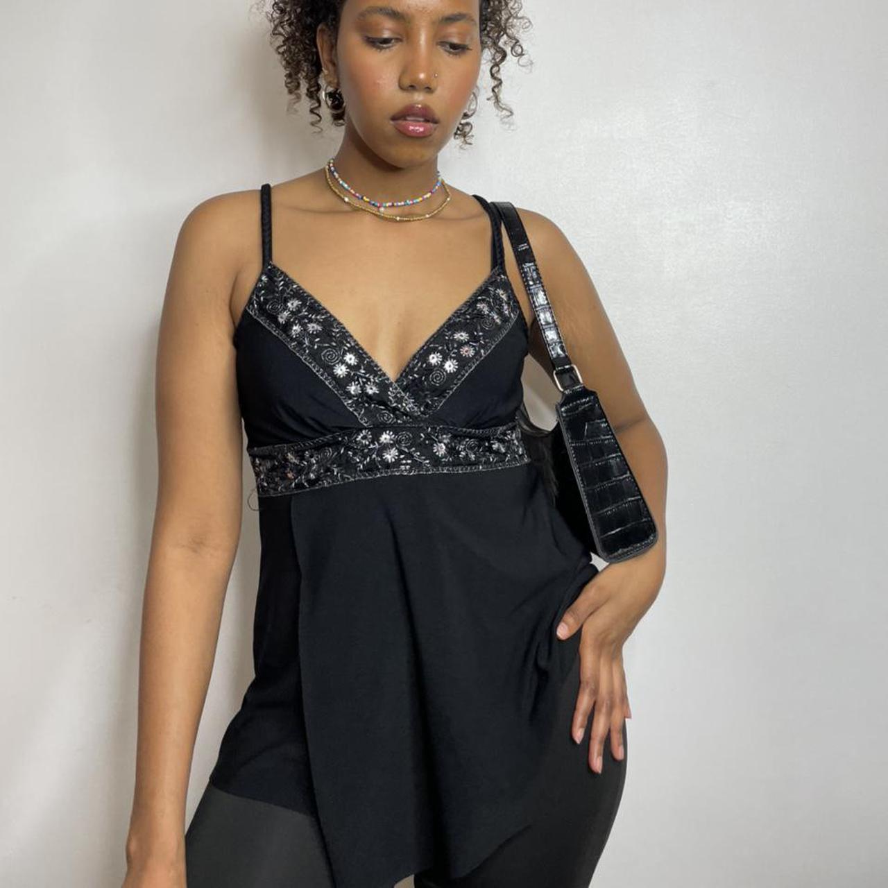 Beautiful y2k black top with silver detailing - small - Depop