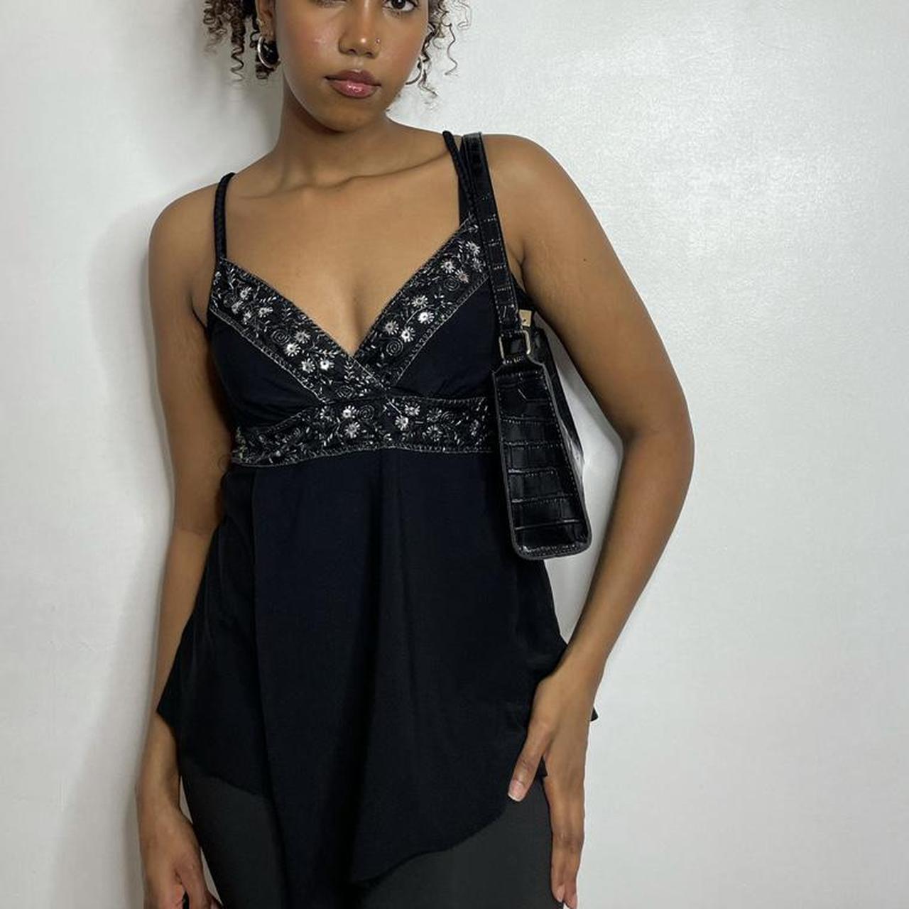 Beautiful y2k black top with silver detailing - small - Depop
