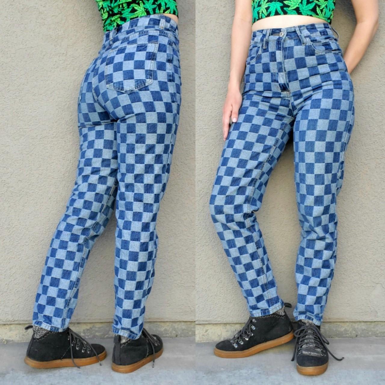 Checkered Denim High Waist Skinny Jeans - high... - Depop