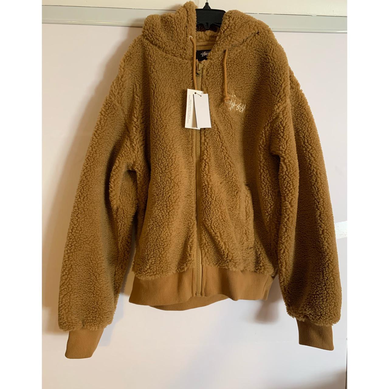 STUSSY SHERPA LOGO EMBROIDERED FLEECE HOODIE SIZE:... - Depop