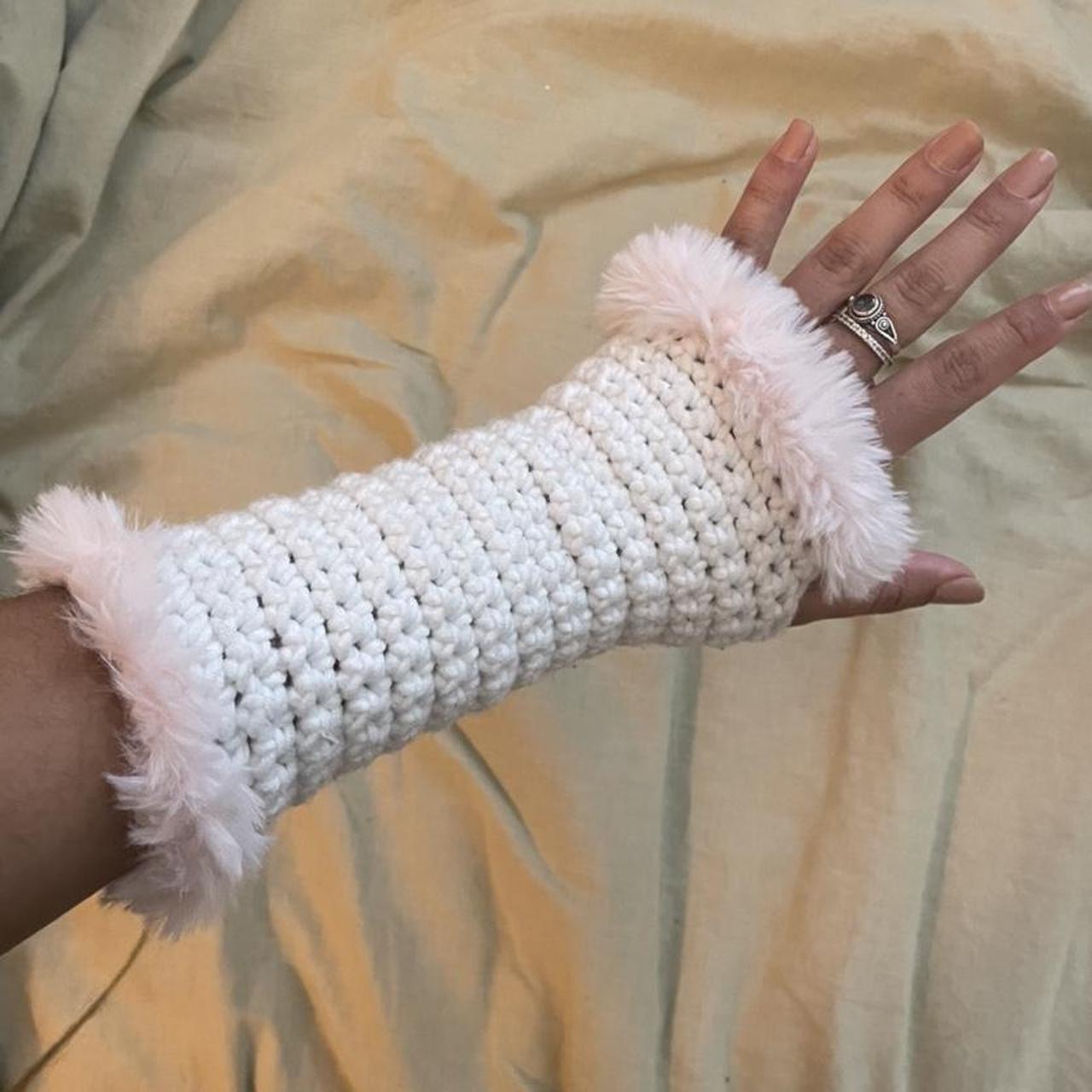 White n pink fluff arm warmers/fingerless gloves... - Depop
