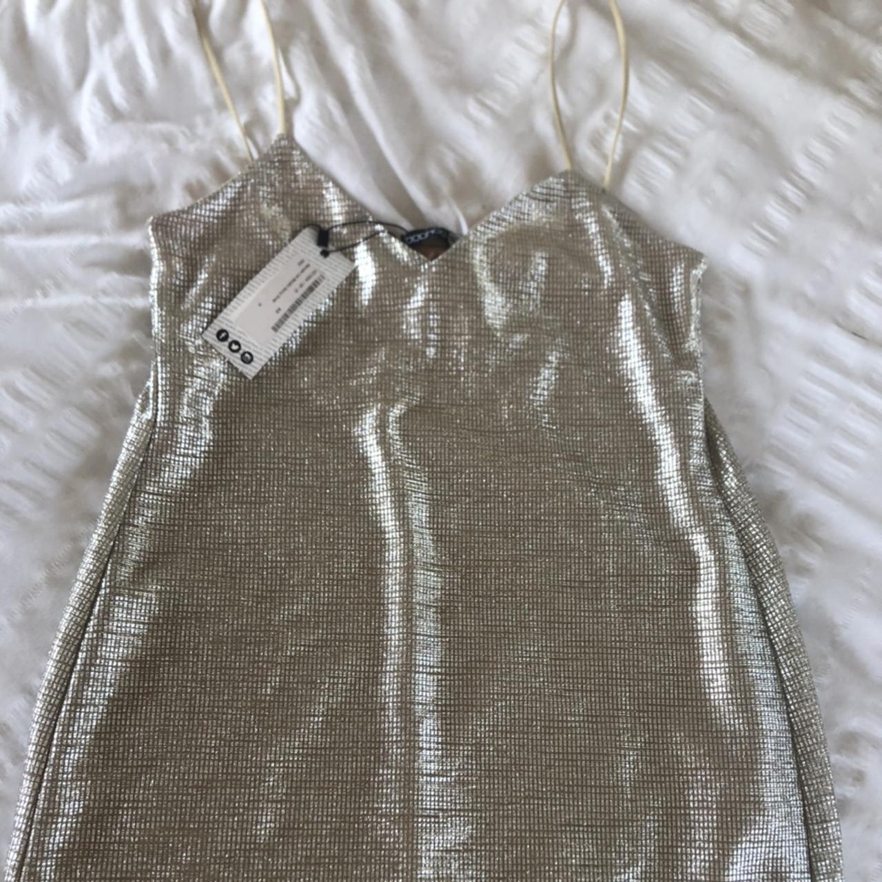 Gold sequin look boohoo spaghetti strap dress... - Depop