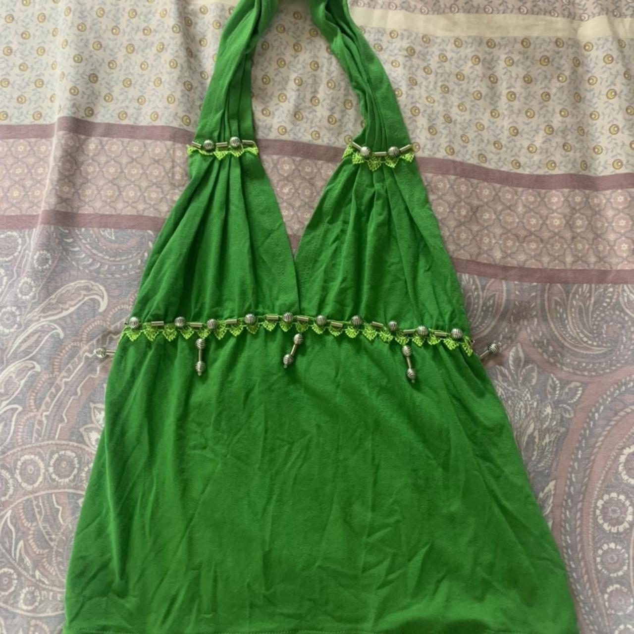 green hippie hippy halter neck top with silver beads... - Depop