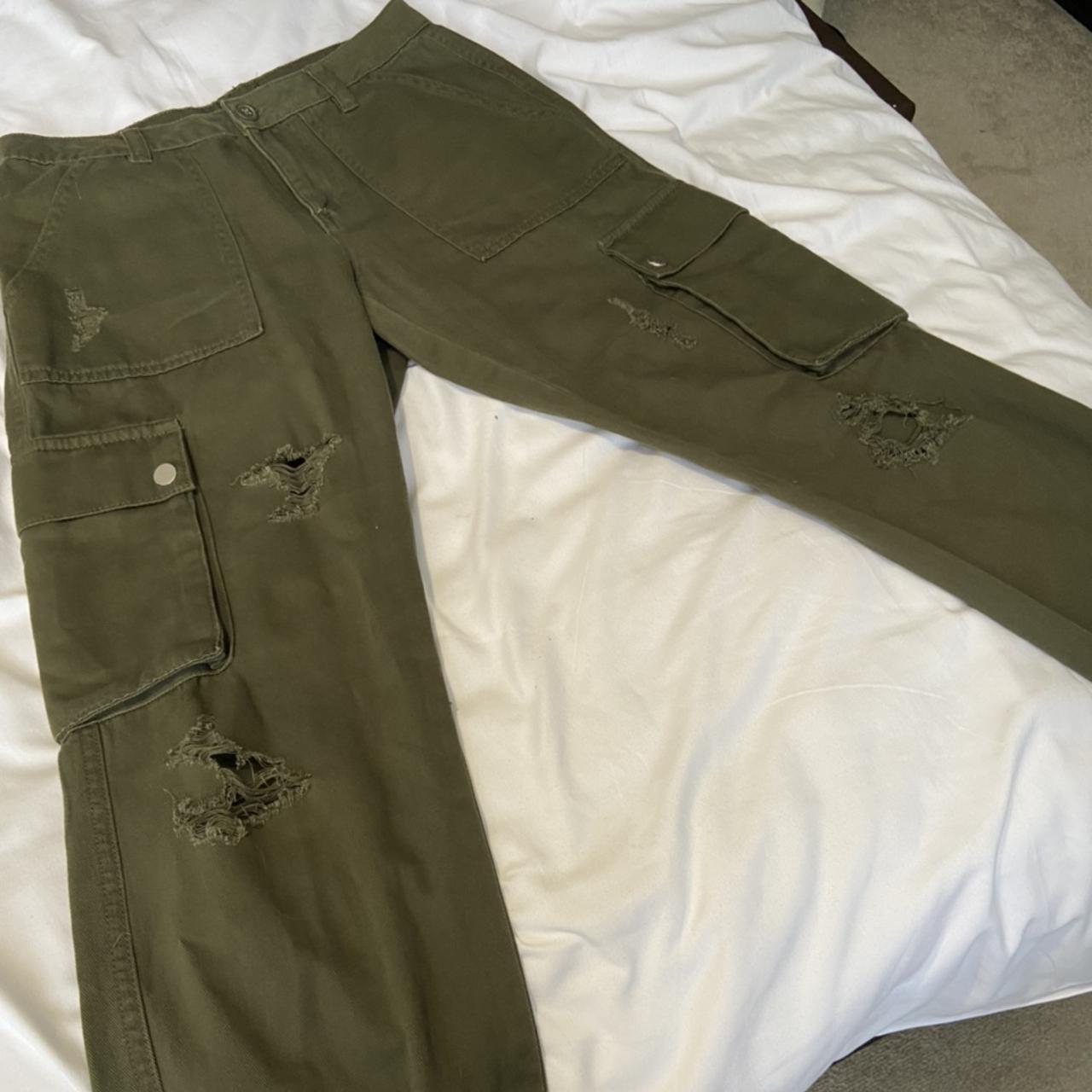 ripped/distressed khaki cargo/utility trousers, only... - Depop