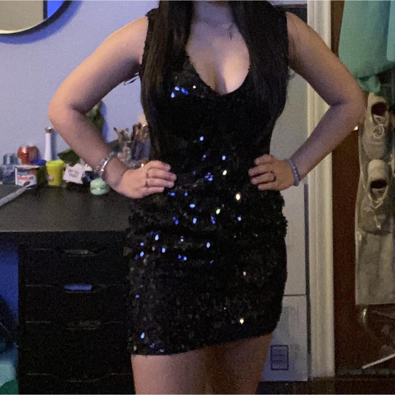 Black sequin dress with v cut neckline. Never worn... - Depop