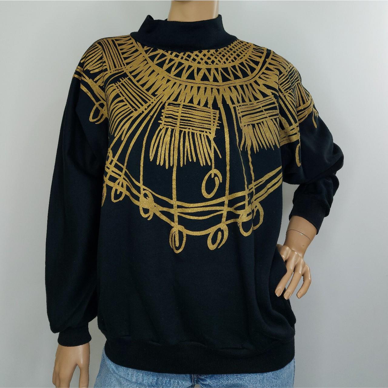Vintage 80s black and gold abstract print mock neck... - Depop