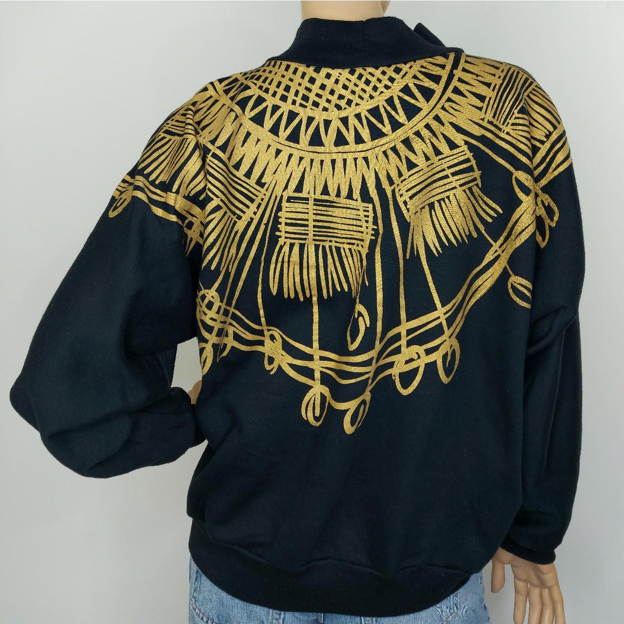 Vintage 80s black and gold abstract print mock neck... - Depop