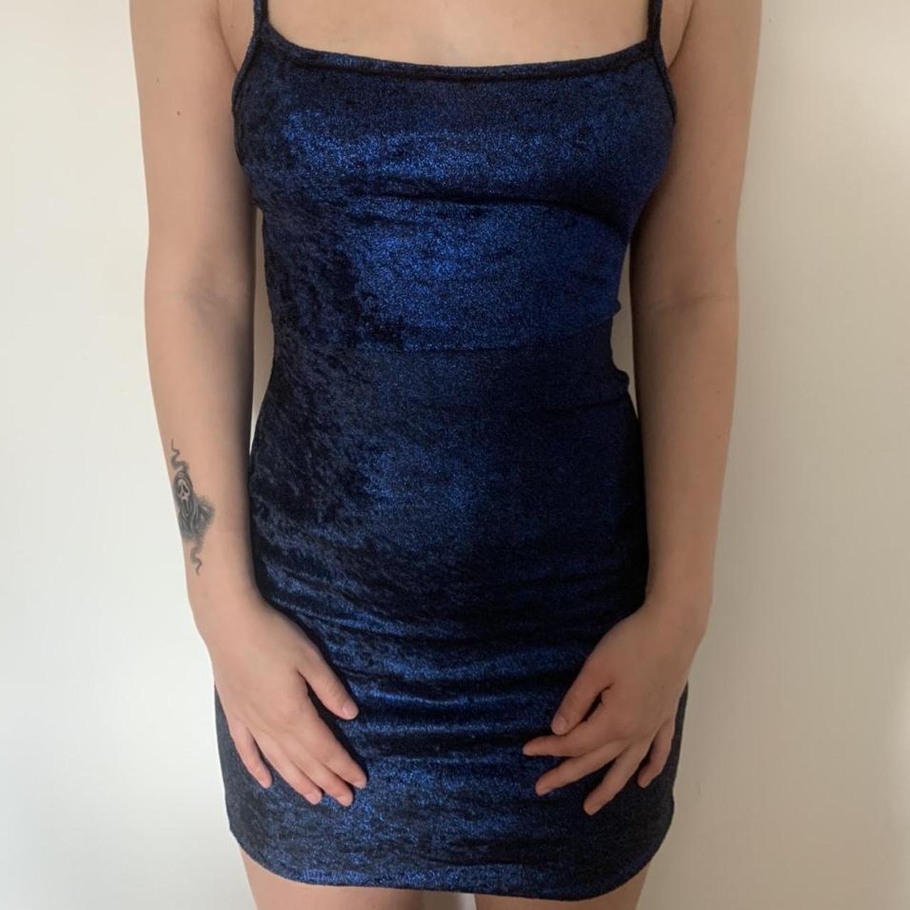 Metallic Blue Mini Dress with Tie at the back. Has... - Depop