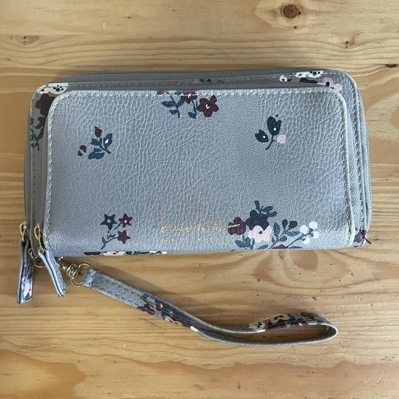 Nicole Miller New York gray floral zipper wristlet... - Depop