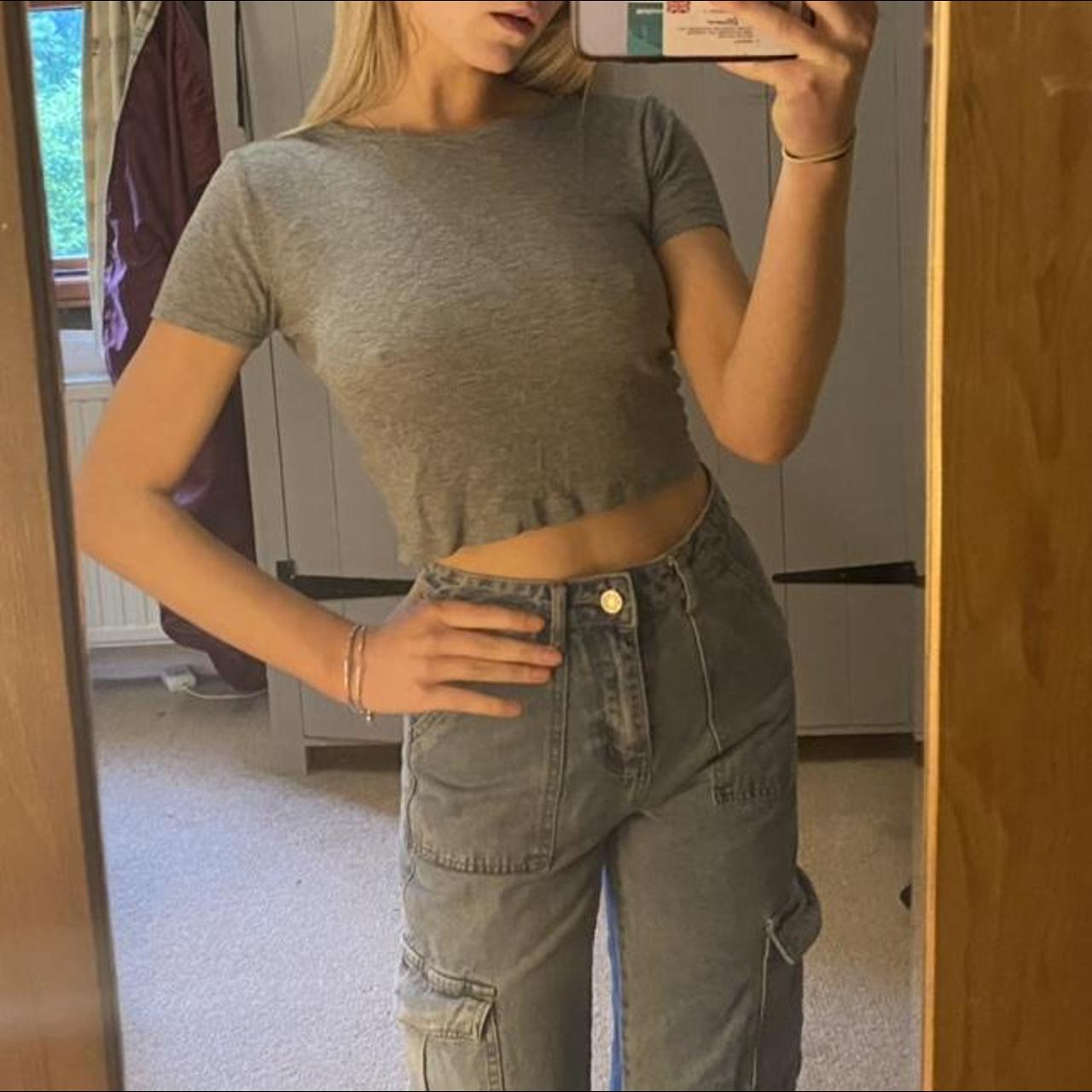 Grey Ribbed Crop Top from New Look - size 12-13 fits... - Depop