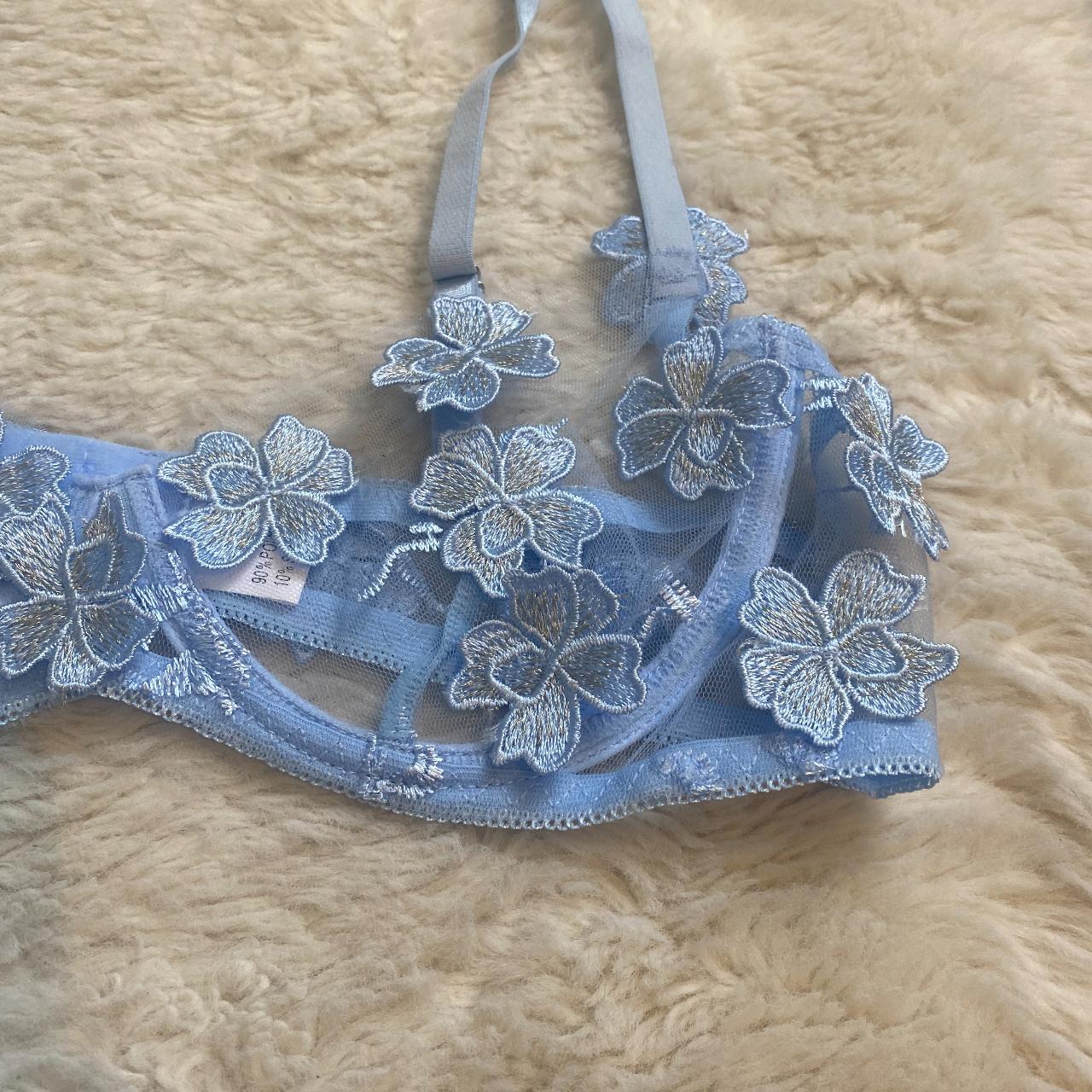 Blue lace, flower bra and panties set. Never worn... - Depop