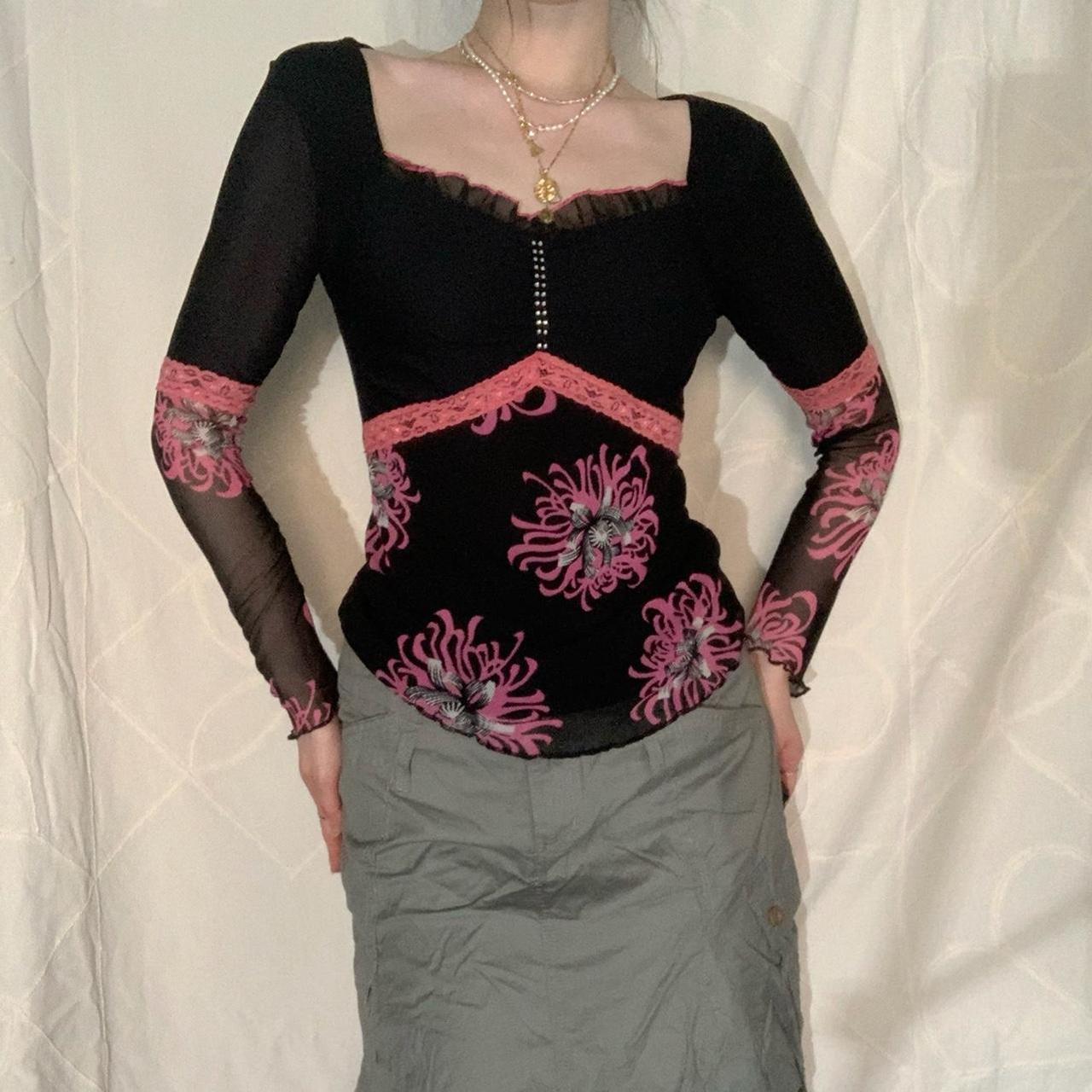Vintage mesh top with square neck design and floral... - Depop