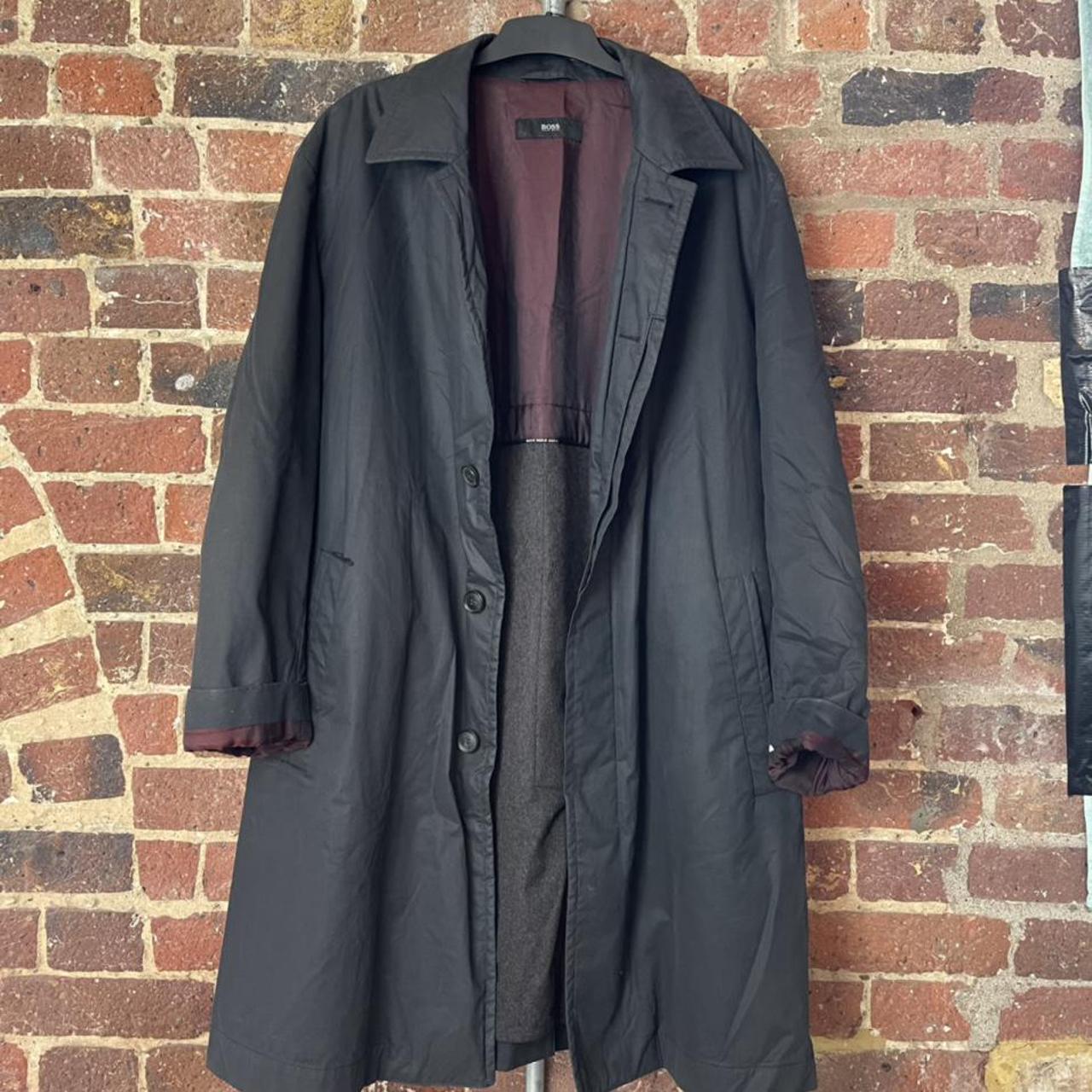 Hugo boss black parka coat with burgundy interior... - Depop