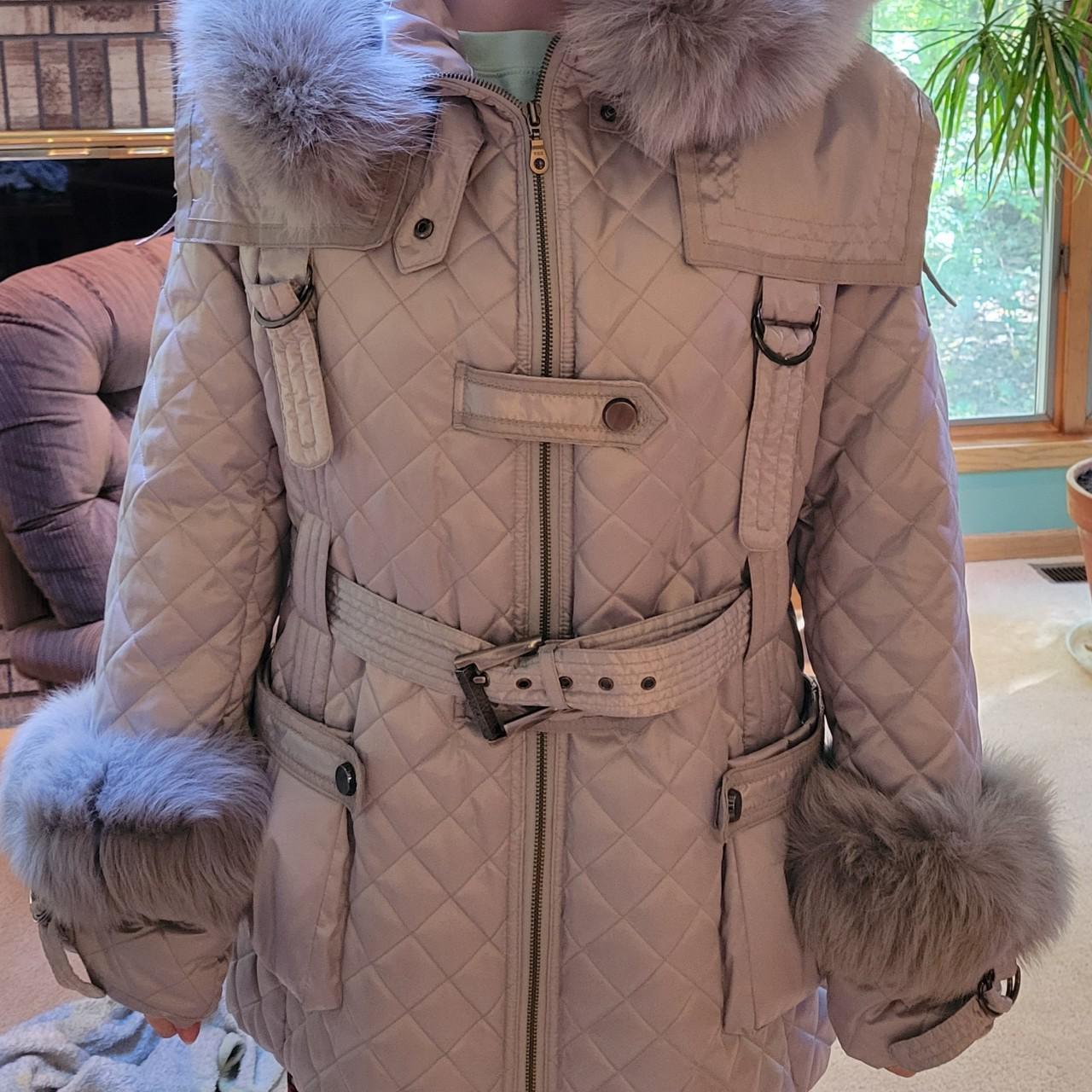 Beautiful silver quilted fox trimmed coat for... - Depop