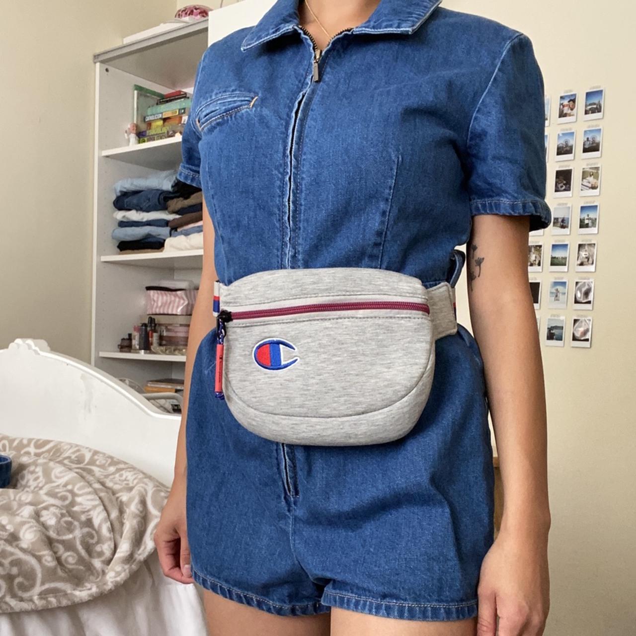 Grey champion fanny pack/bum bag with red and blue... - Depop