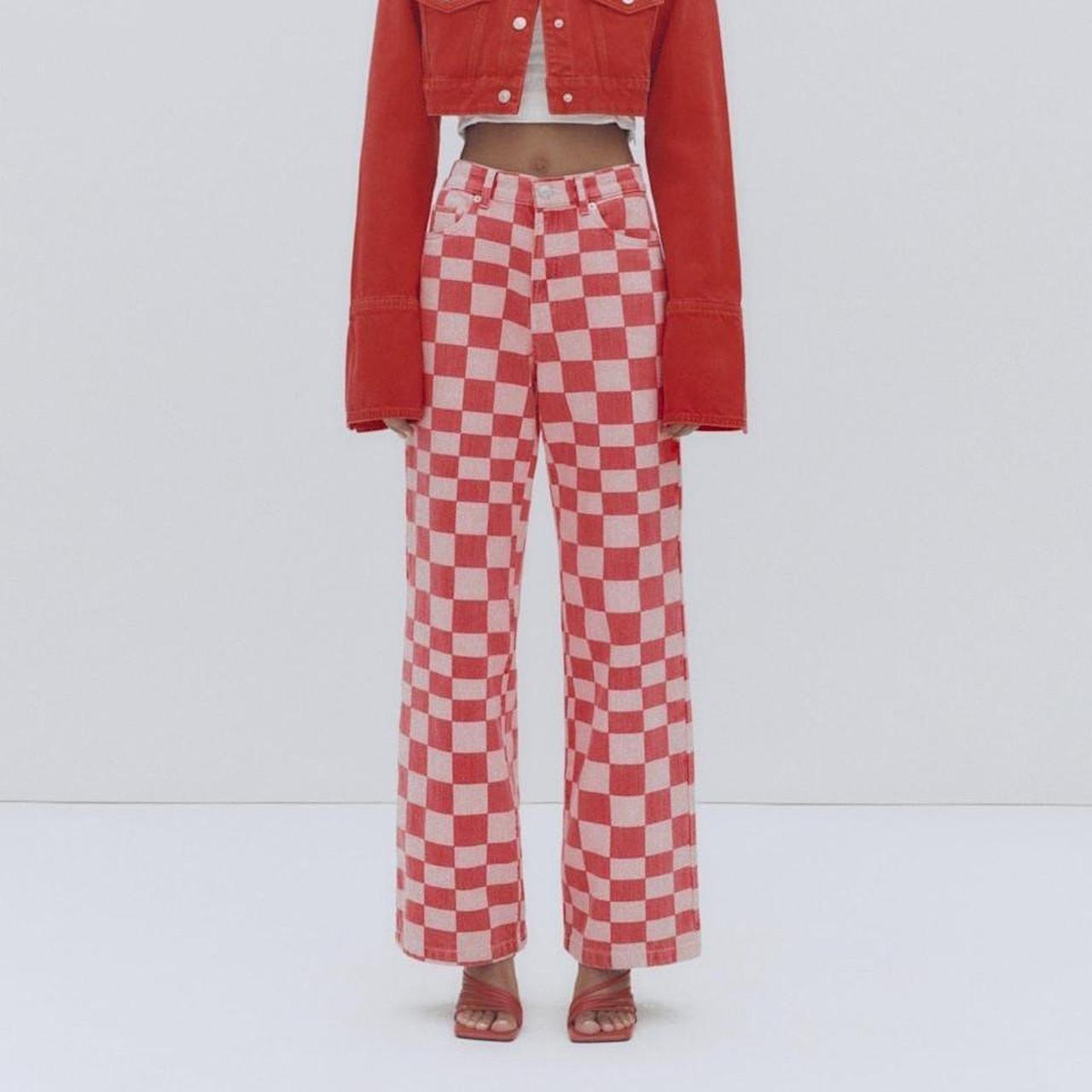 Zara pink and red checkered jeans. Size US2 - worn... - Depop