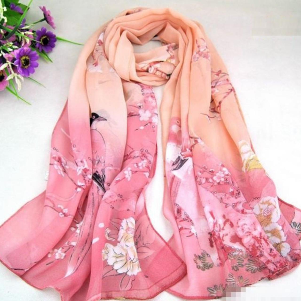Gorgeous Flowing Peach Chiffon Floral Print Scarf.... | Depop