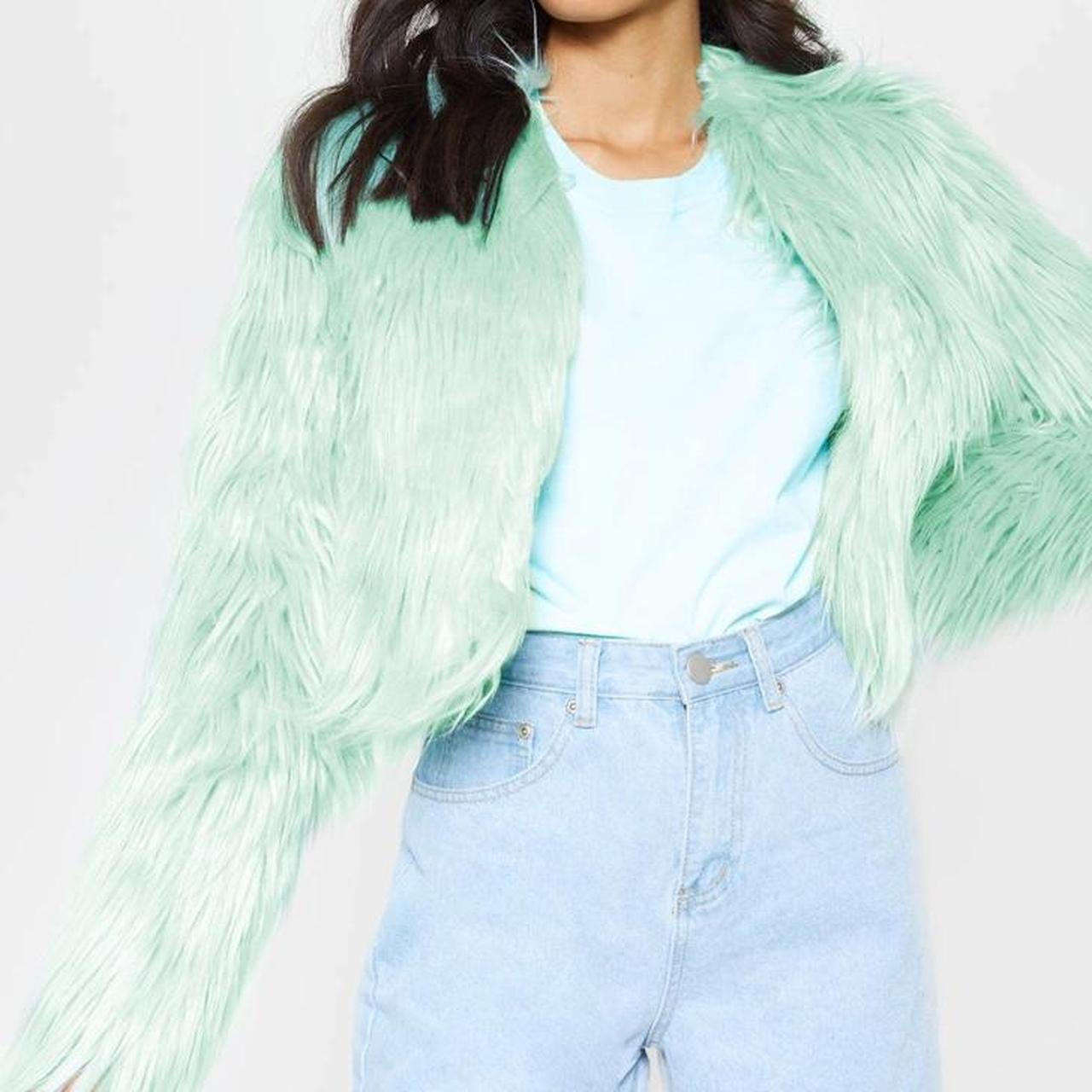Mint green faux fur jacket from PLT Never worn tags... - Depop