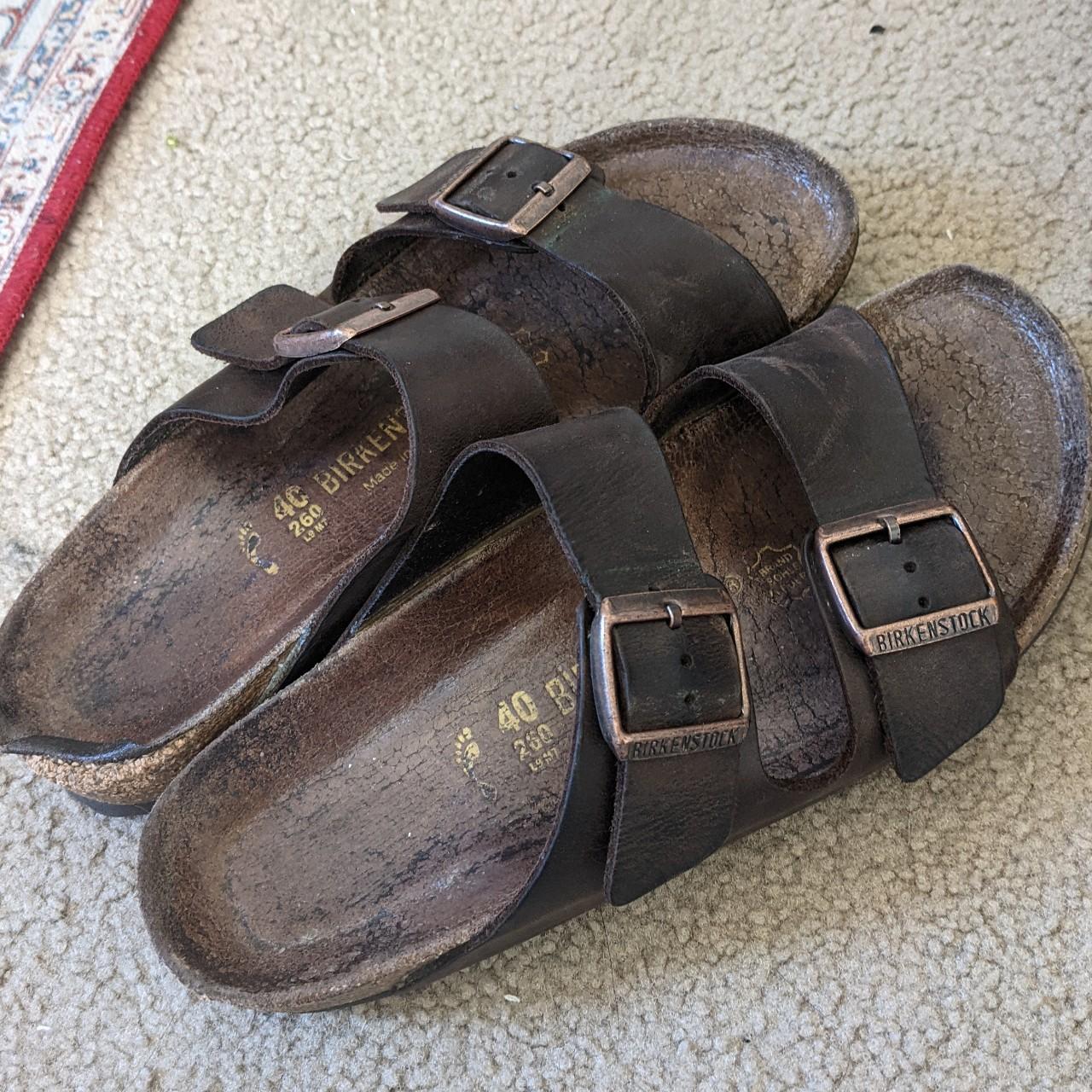 Dark brown leather Arizona Birkenstock sandals with... - Depop