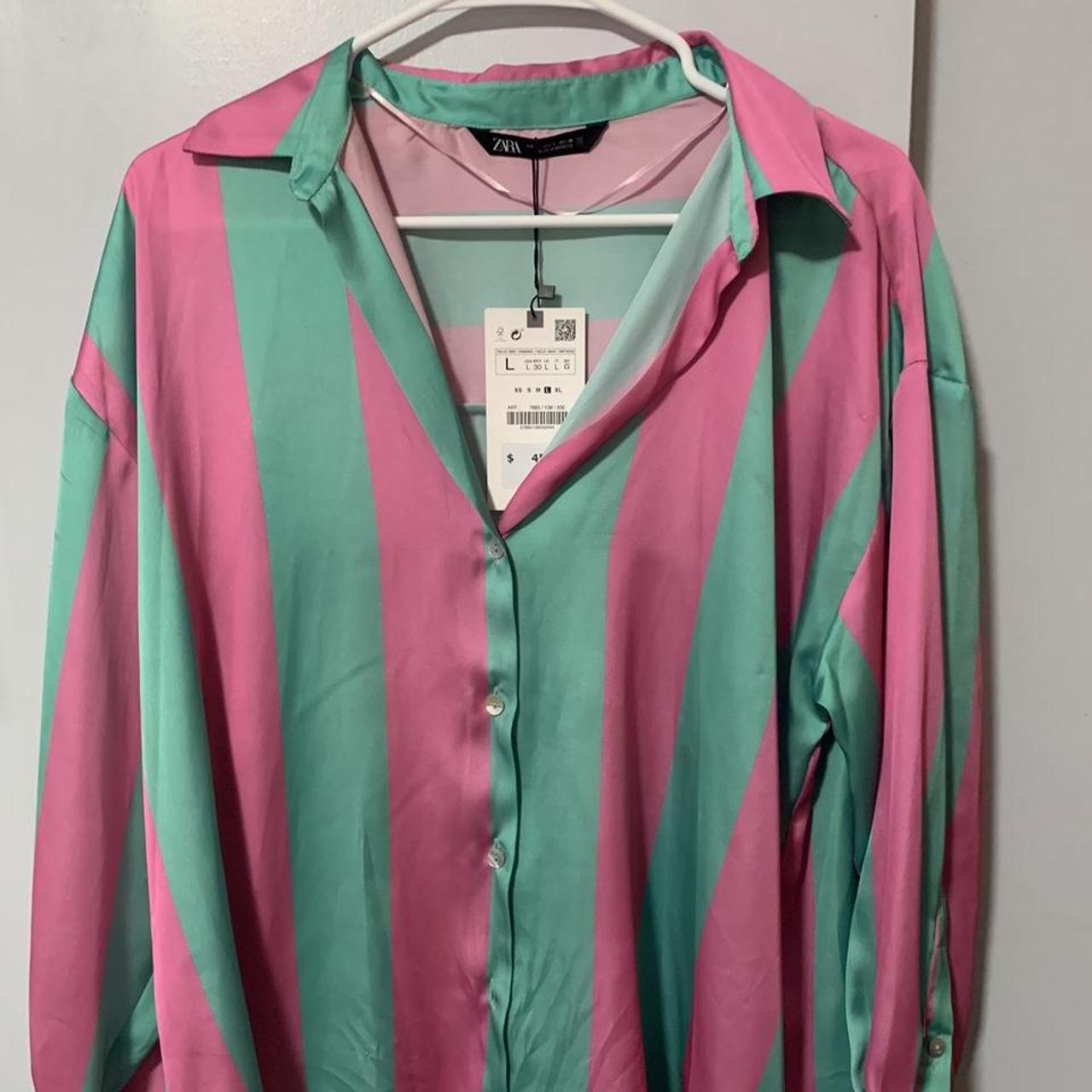 Zara’s Pink Teal Satin button up Size large. One... - Depop