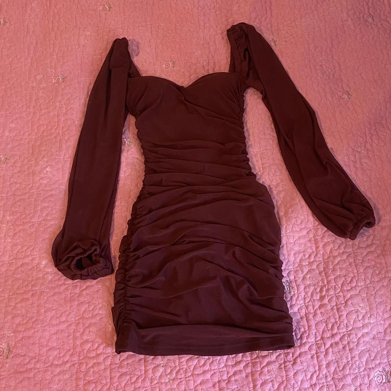 windsor burgundy square neck ruched bodycon long... - Depop