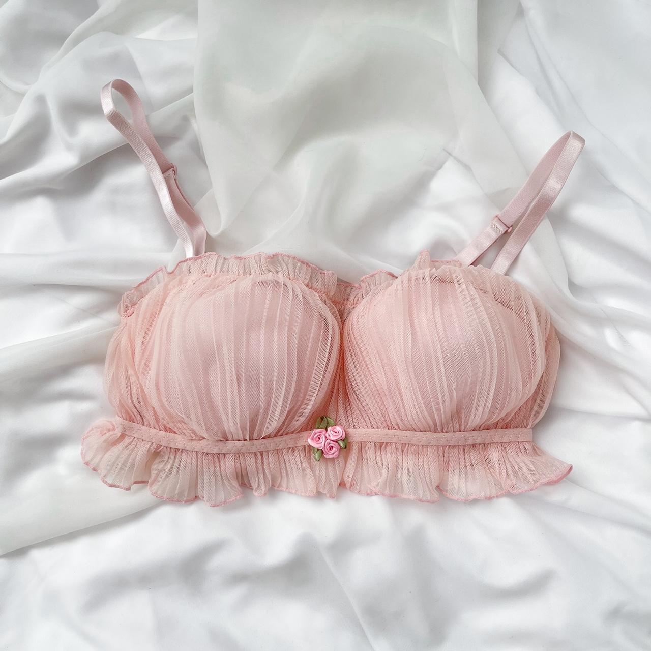 🩰Blush Pink Ruffle Bra with pink flowers... - Depop
