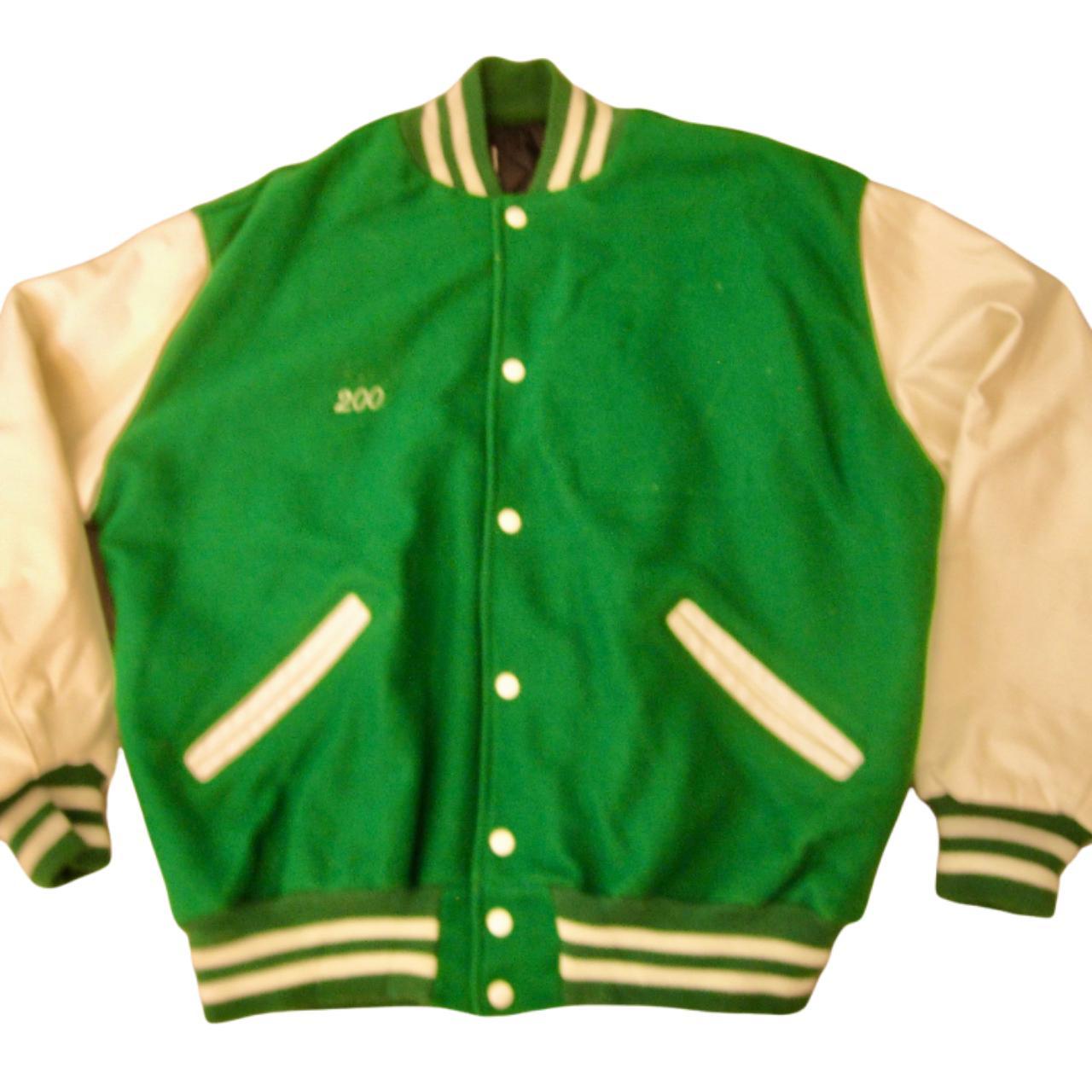 Varsity Jacket Emerald Green Wool White Leather Mens... - Depop