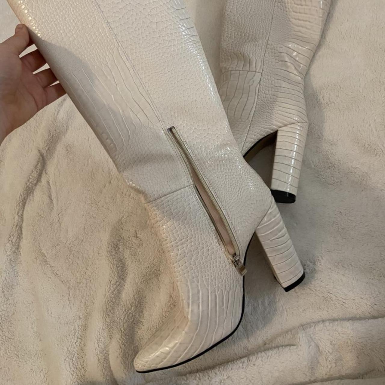 White snakeskin knee high boots, worn... - Depop
