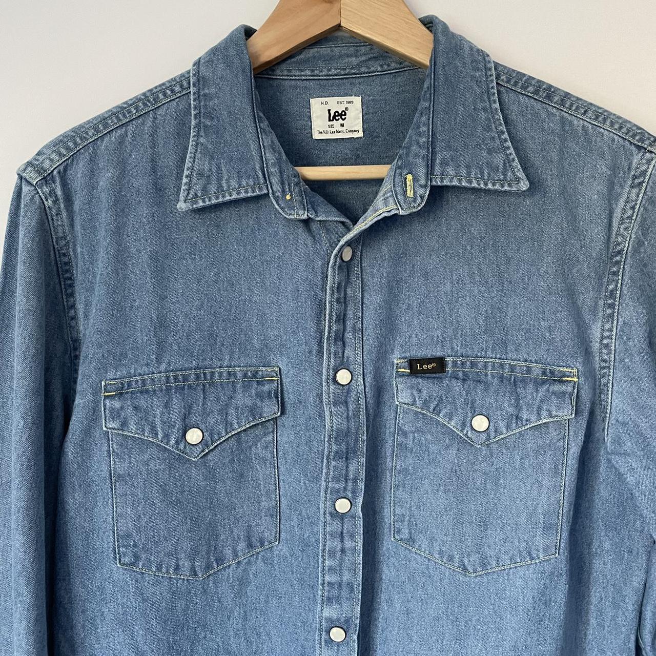 Vintage pearl snap/button Lee denim shirt High... - Depop