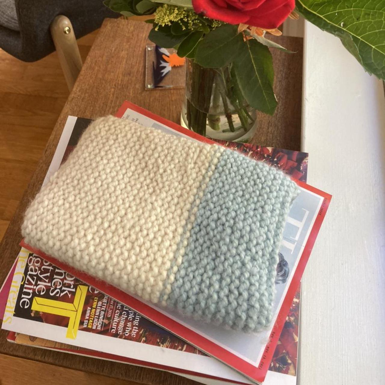 knitted book sleeve handmade with wool ease yarn.... - Depop