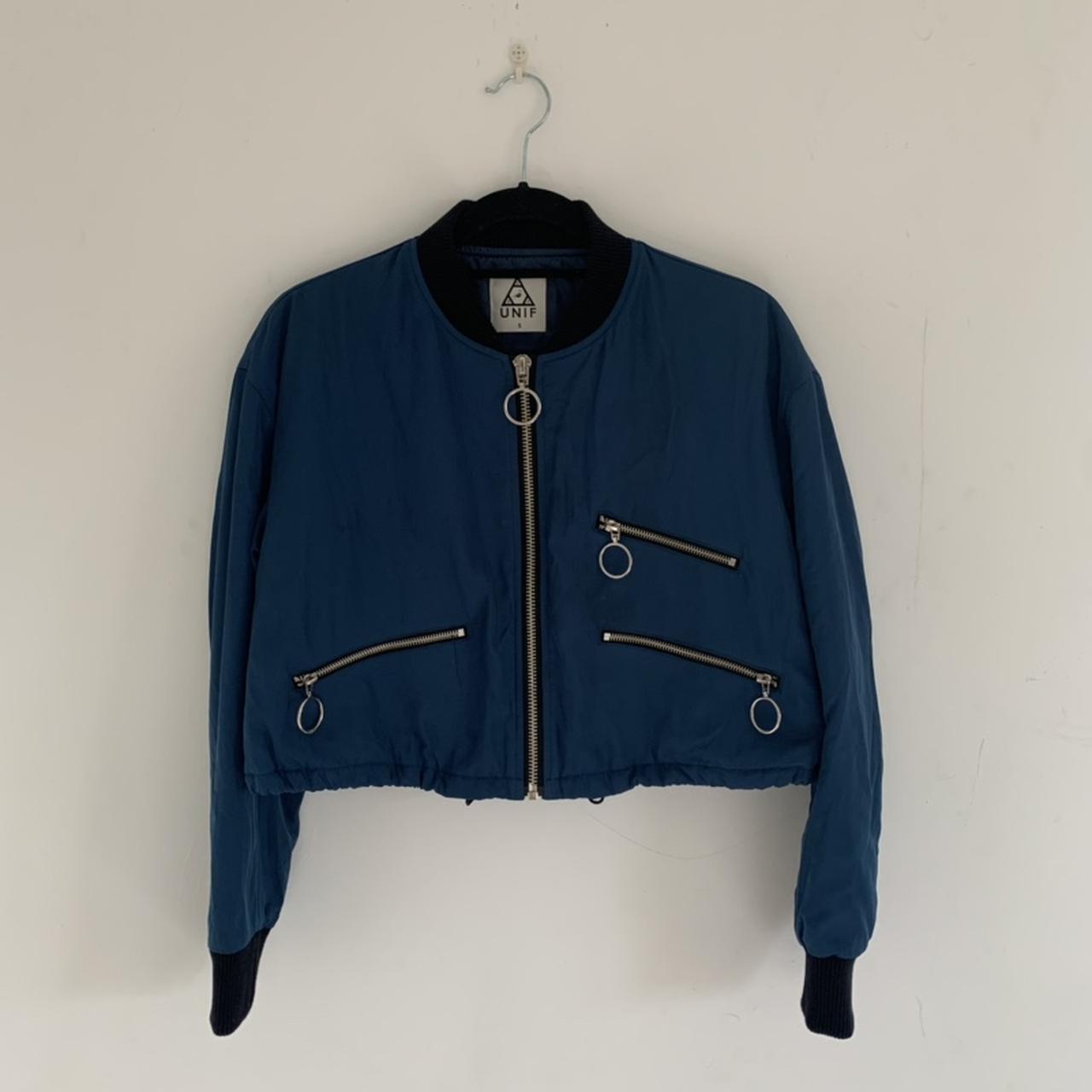 Beautiful cropped blue Unif blue bomber Jacket. Size... - Depop