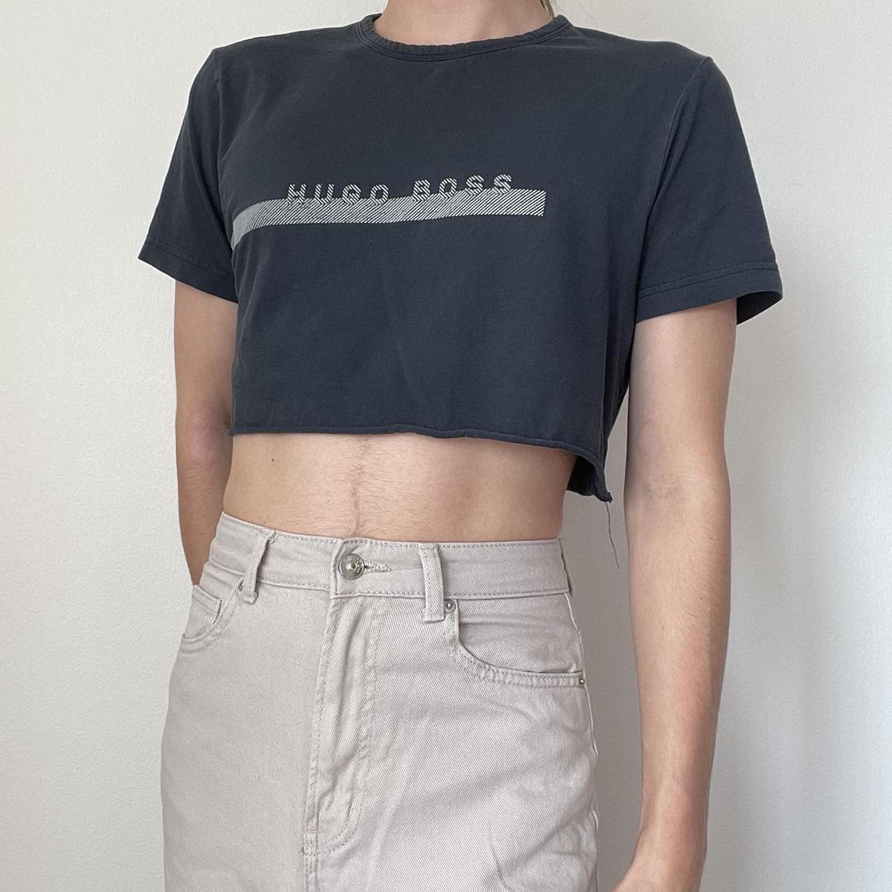 Hugo Boss crop top— super soft, navy blue with grey... - Depop