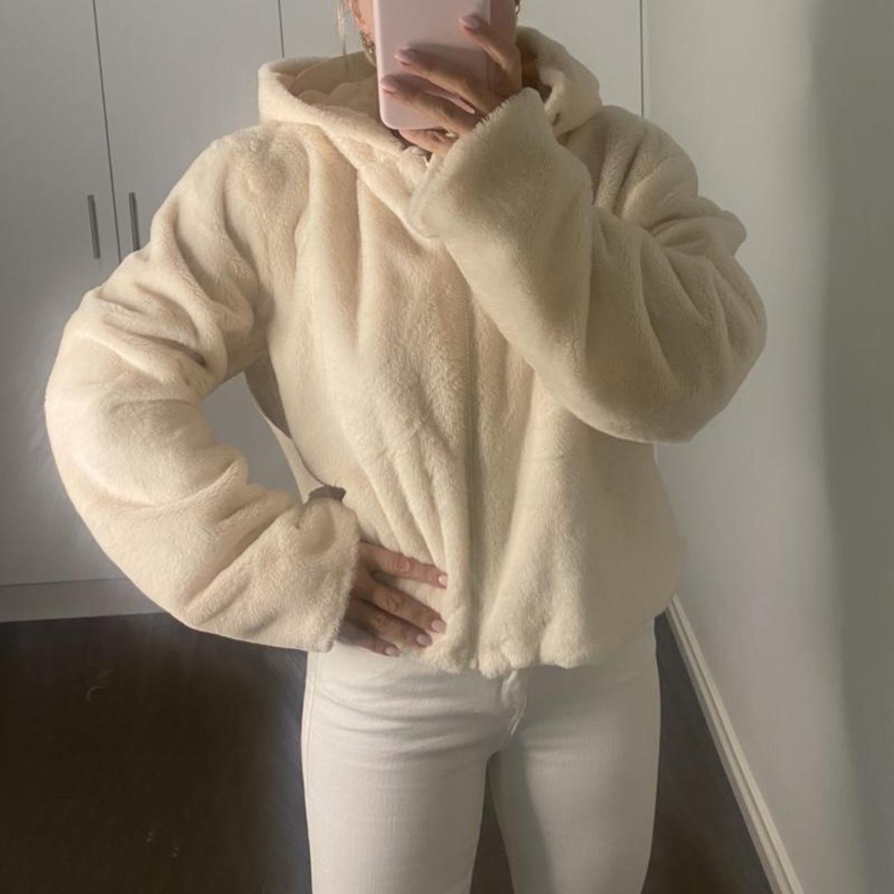 Cream super soft hooded zip up jacket - tagged UK... - Depop
