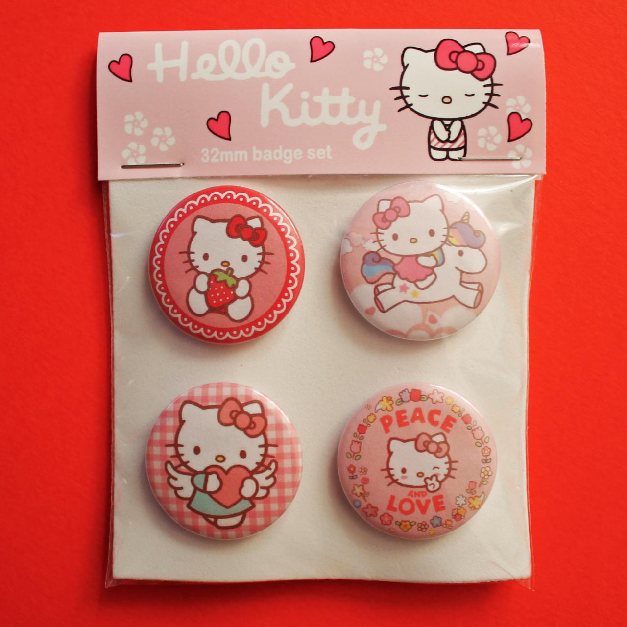Hello Kitty Badges, badge set of 4x 32mm metal pin... - Depop