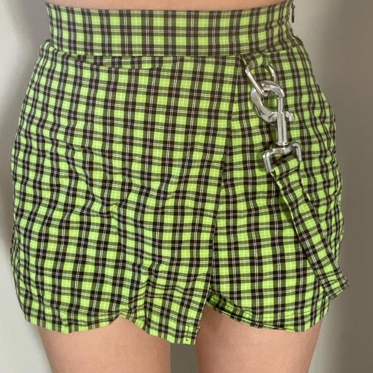 Black and neon green checkered skirt with chain... - Depop