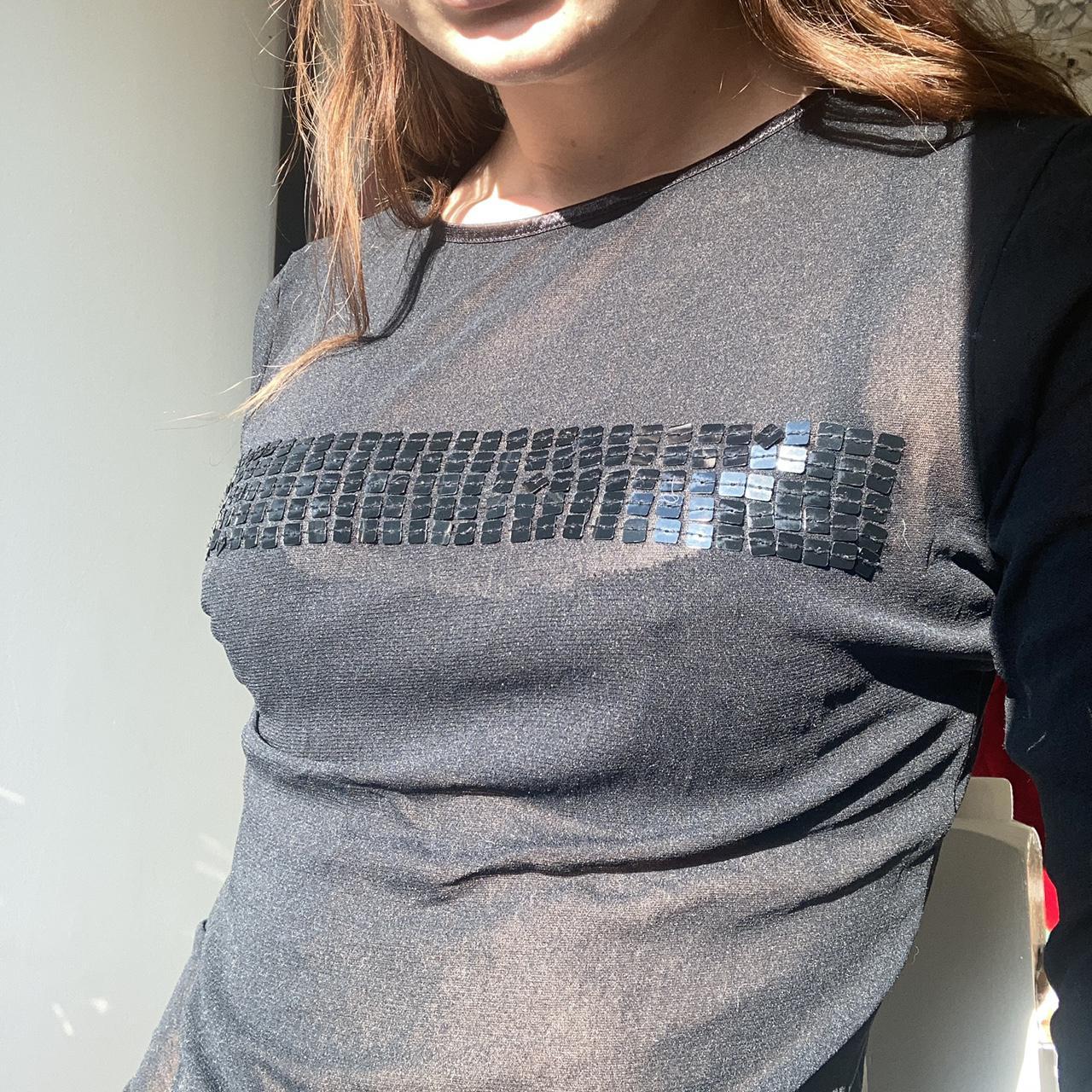 Mesh or sheer long sleeve black top with sequin... - Depop