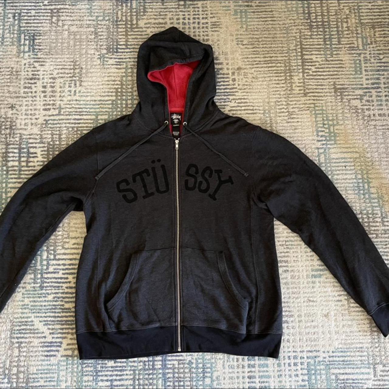 Stussy zip up jacket sz xl grey and red color scheme... - Depop