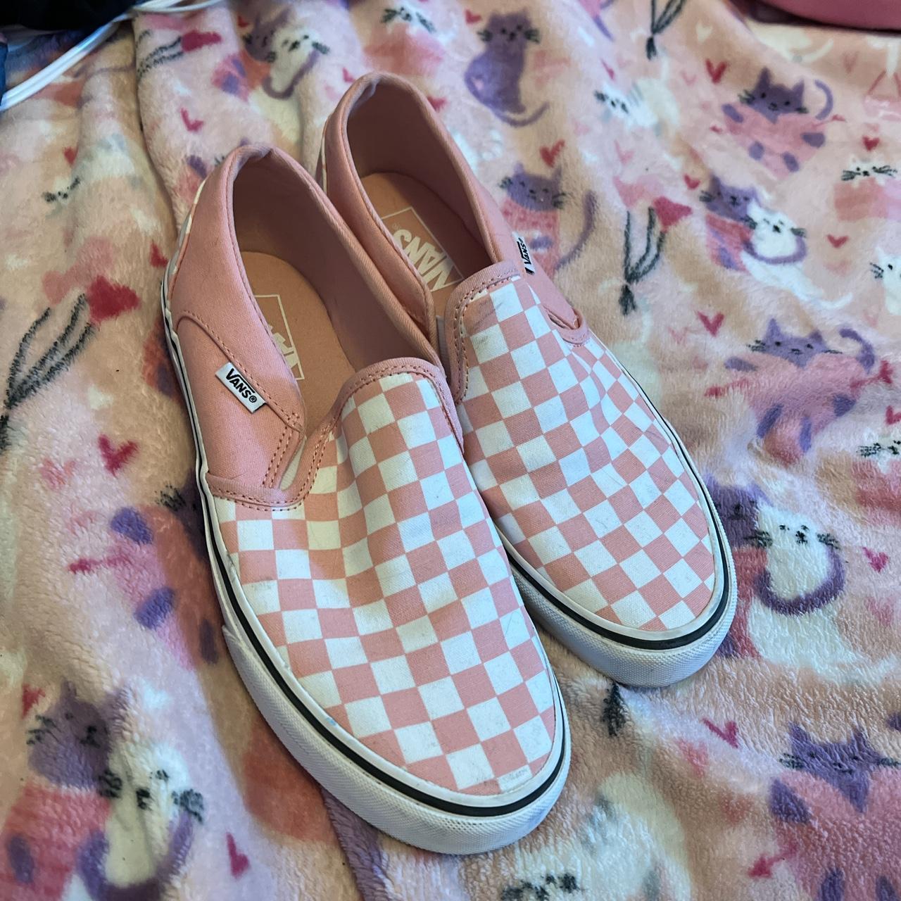 womens size 10 pink checkerboard vans. only worn... - Depop