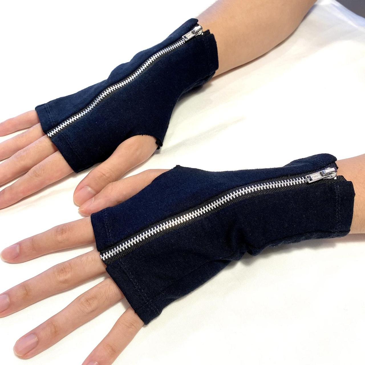 Unisex black zipper fingerless gloves handmade by... - Depop