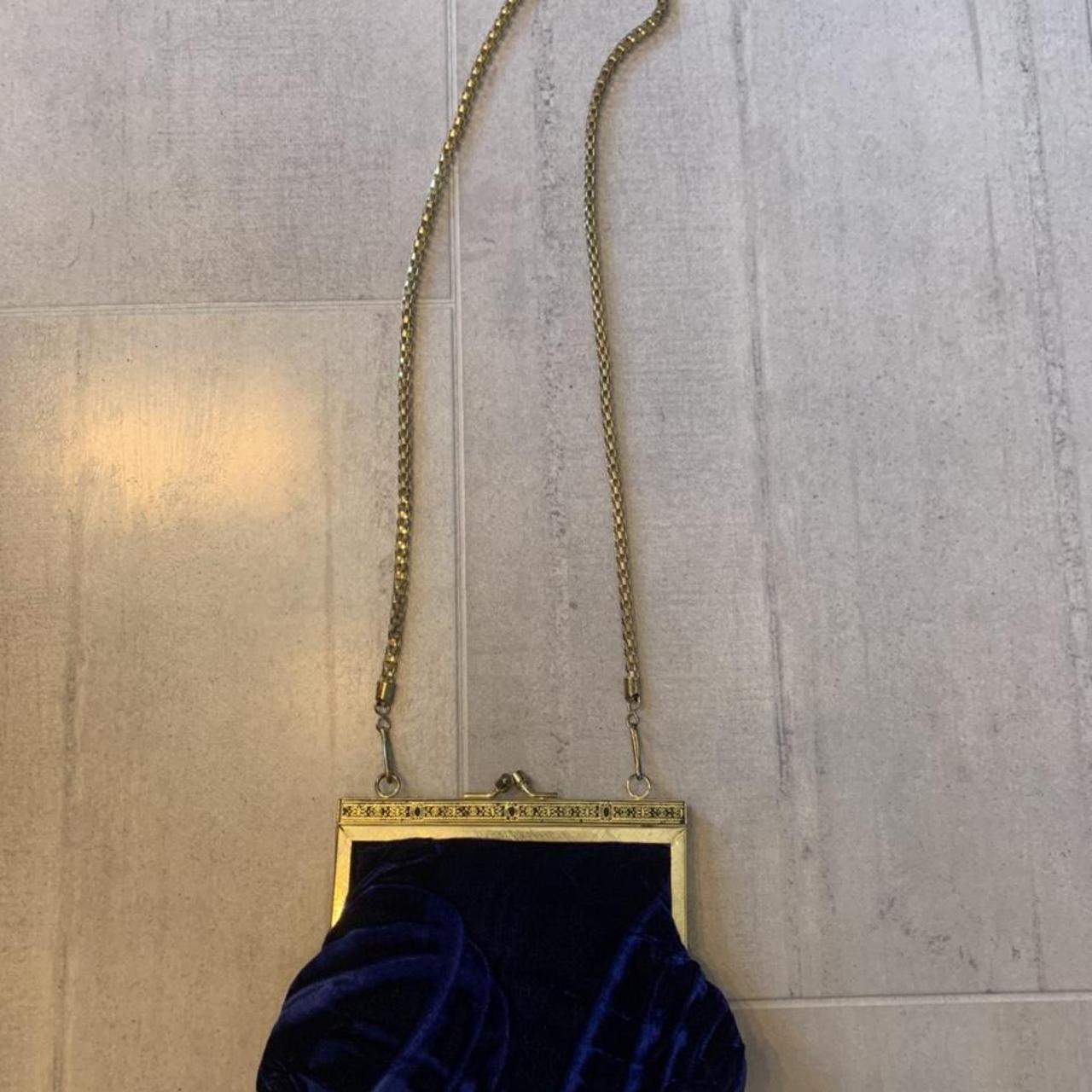 Cute royal blue small velvet bag with gold chain,... - Depop