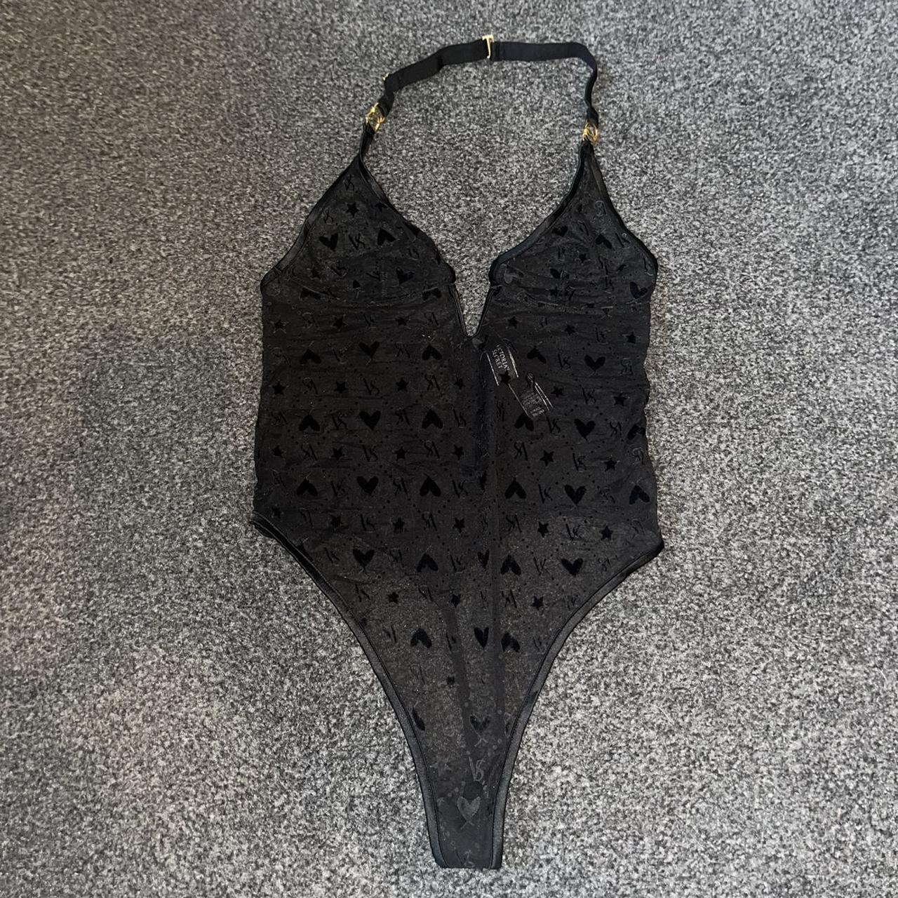 Victoria Secret mesh bodysuit with logo all over in... - Depop