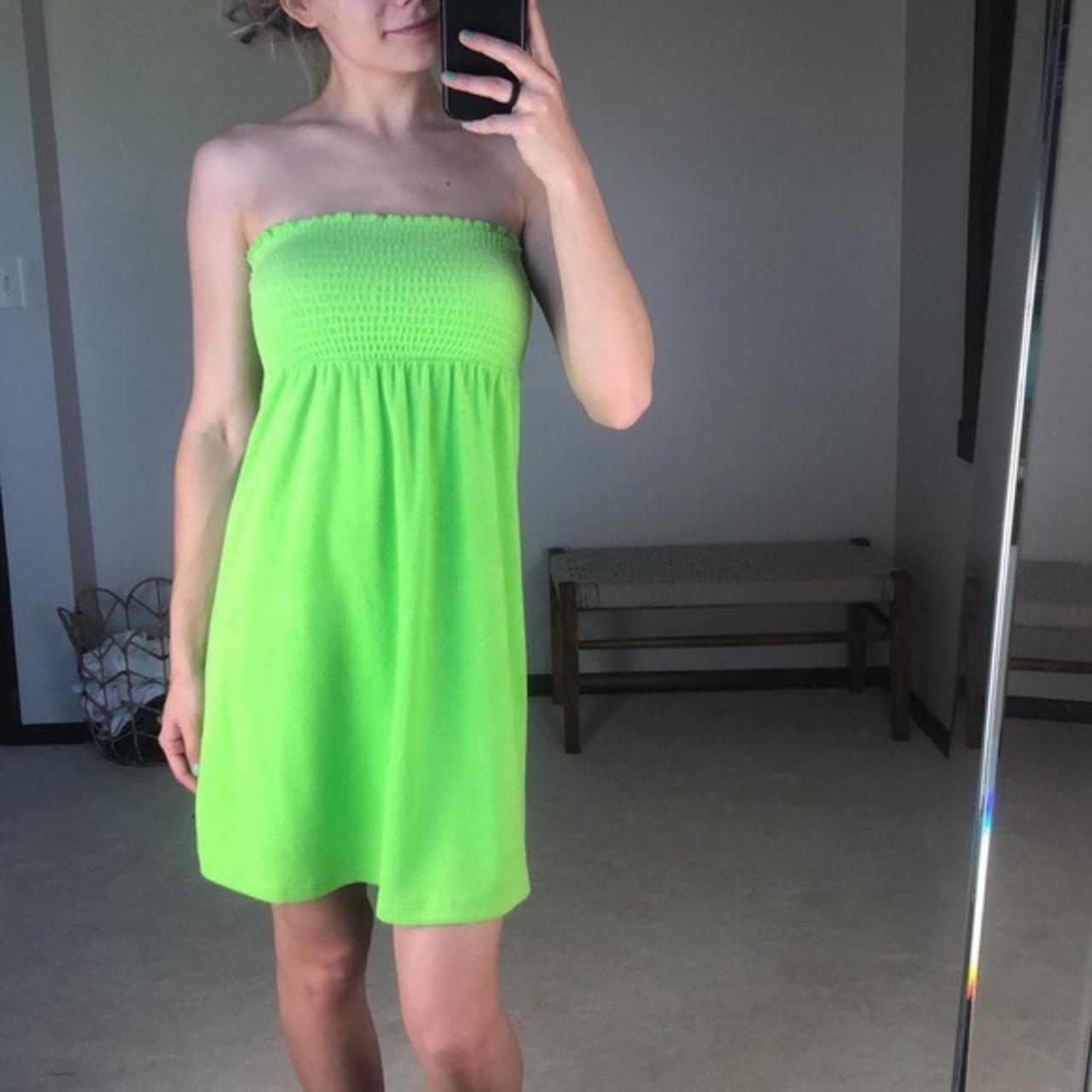 Op: Lime Green Terry Cloth Smocked Dress Excellent... - Depop