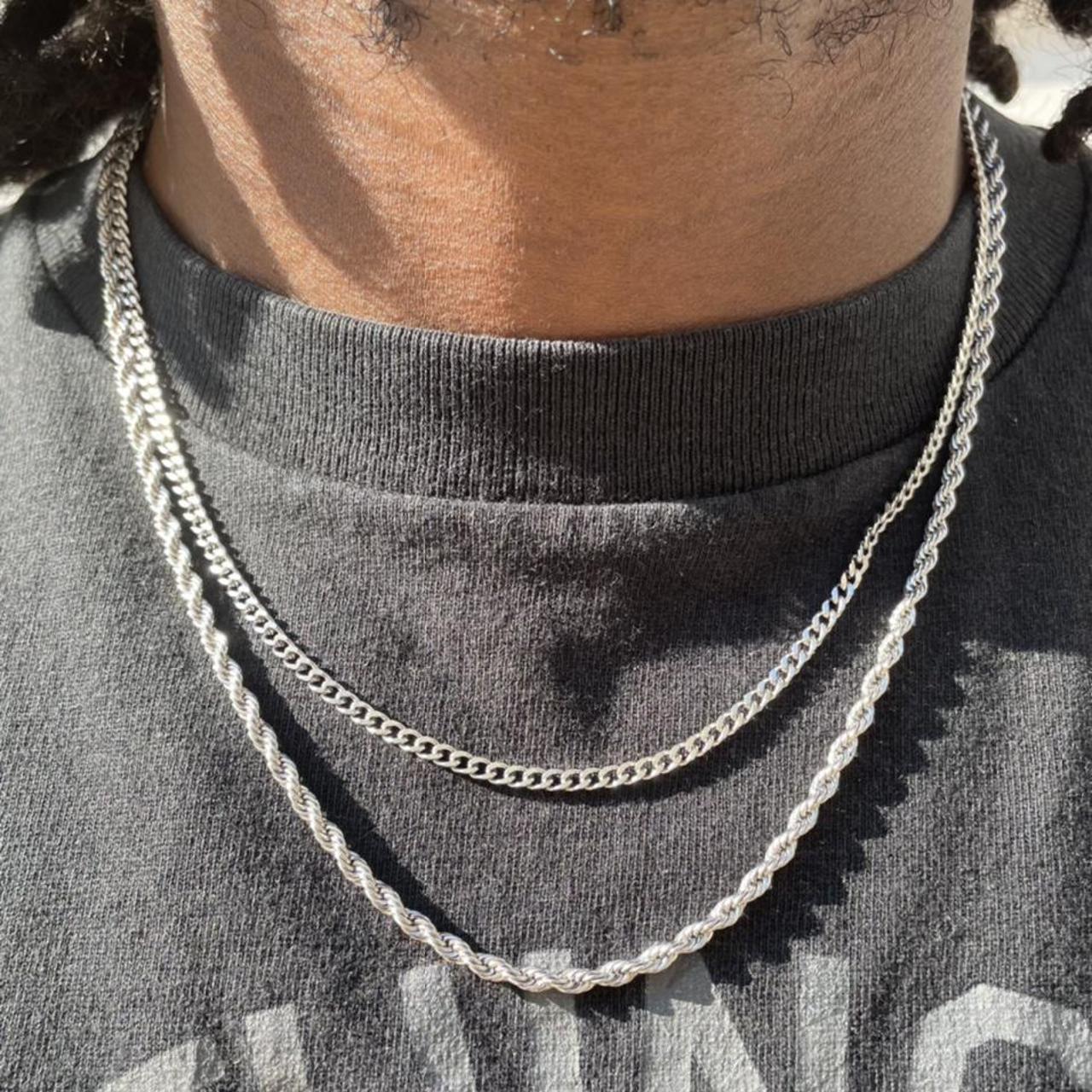 Silver 3mm Cuban Link Chain & Rope Necklace Set... - Depop