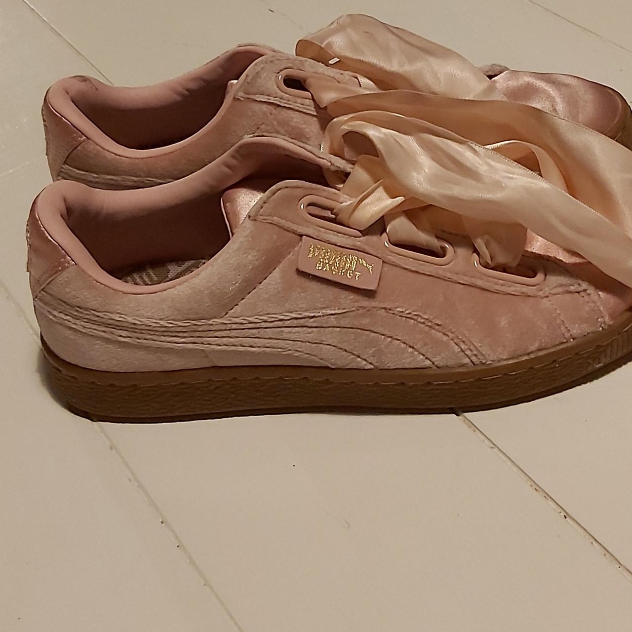 Puma pink velvet basket trainers with ribbon laces,... - Depop