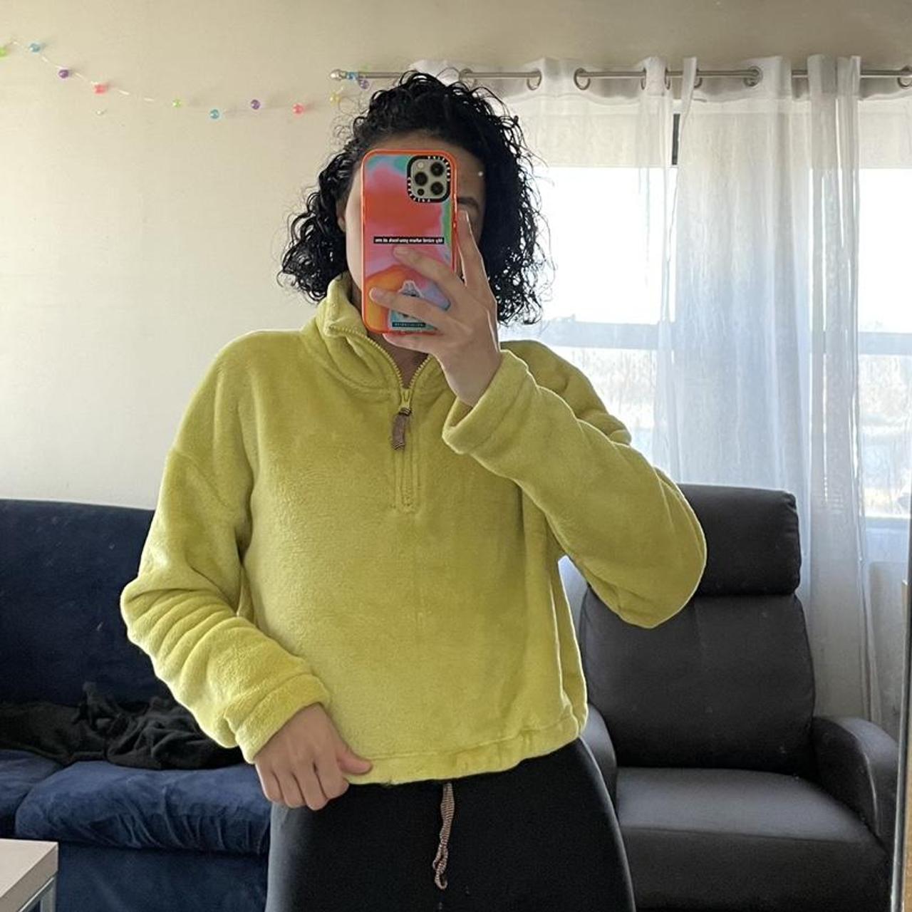 chartreuse fleece cropped quarter zip sweatshirt.... - Depop