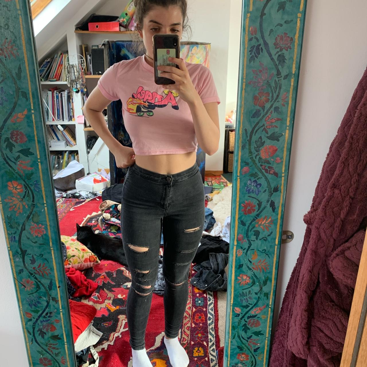 black ripped denim joni style jeans slight rip in... - Depop