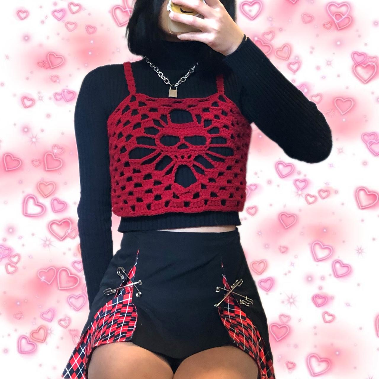 One of a kind crocheted crop top with skull motif!... - Depop